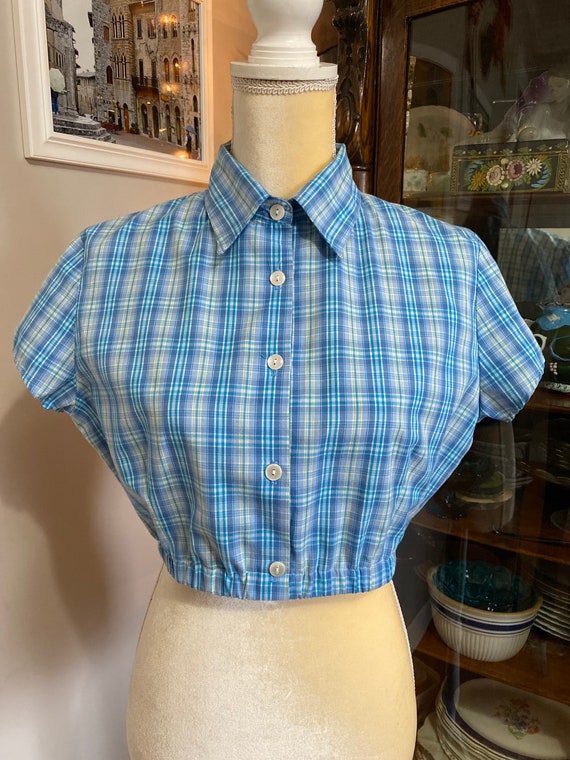 Reworked 70s Crop Top, Women's Vintage, Blue Plaid, B… - Gem