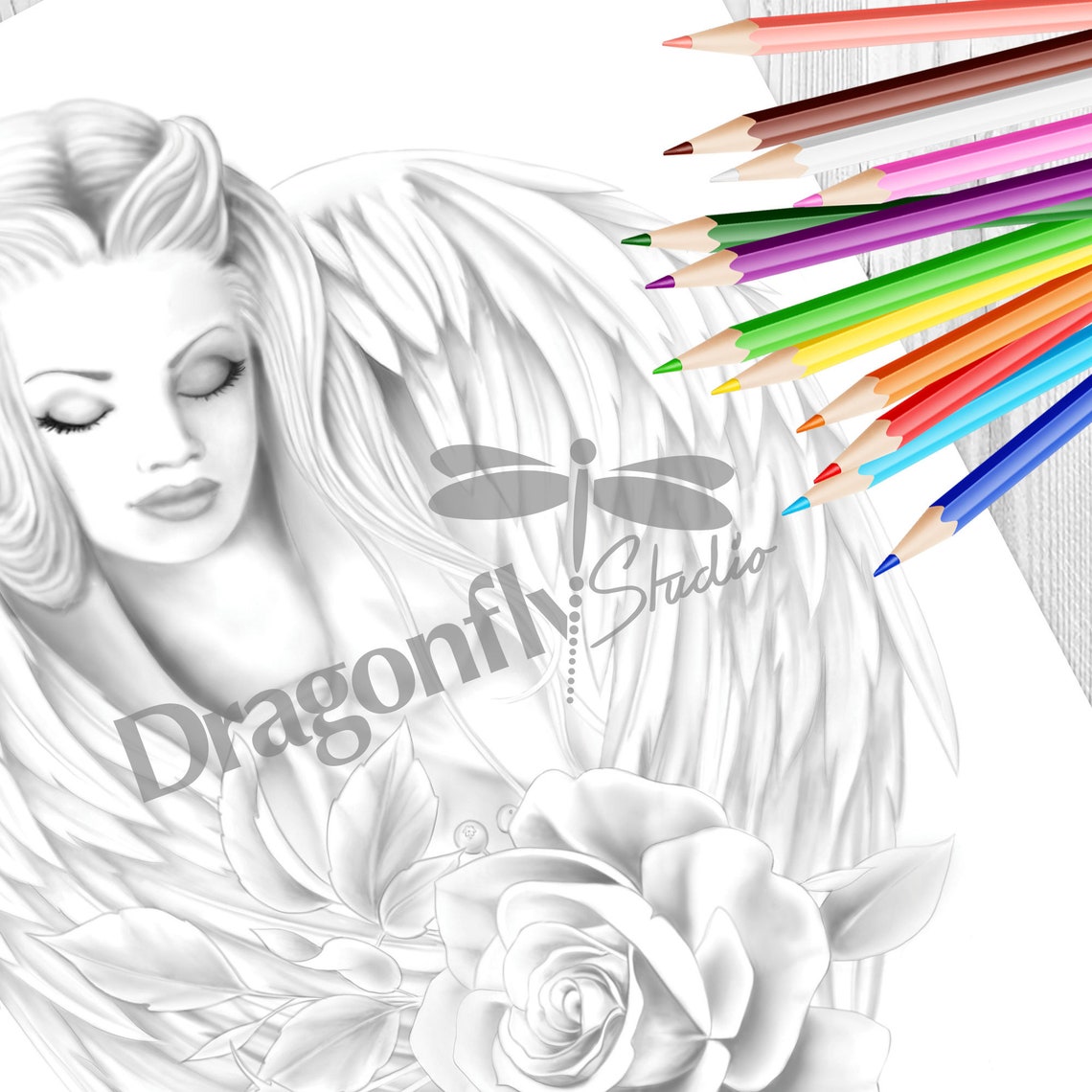 Adult Coloring Page | Angelic Angel Wings, Printable Art (PDF Download ...