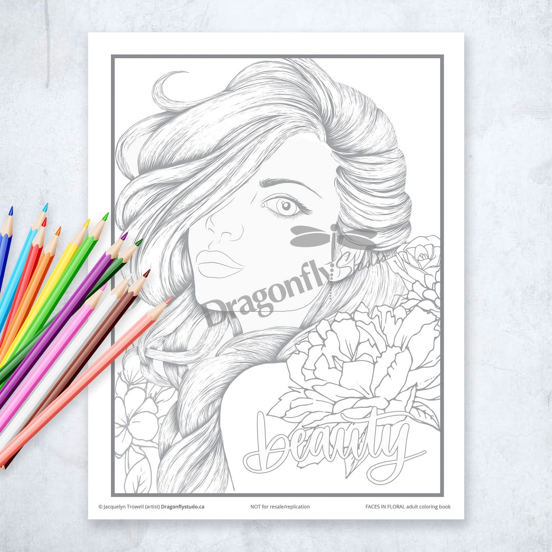 BEAUTY, Faces in Floral (PDF Instant Download, Coloring Pages, Adult ...