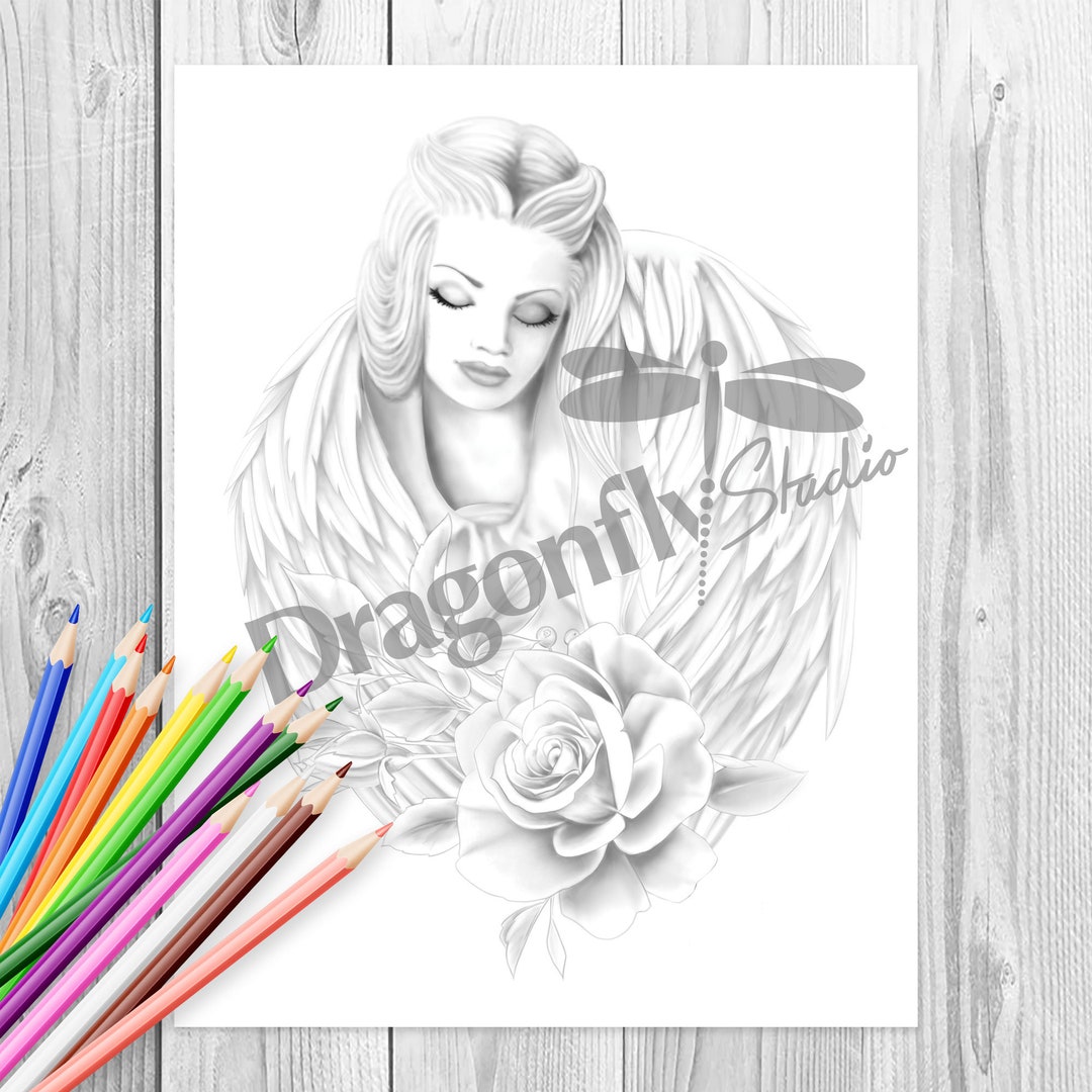 ANGELIC ANGEL, Coloring Page (PDF Instant Download, Adult Coloring Page ...