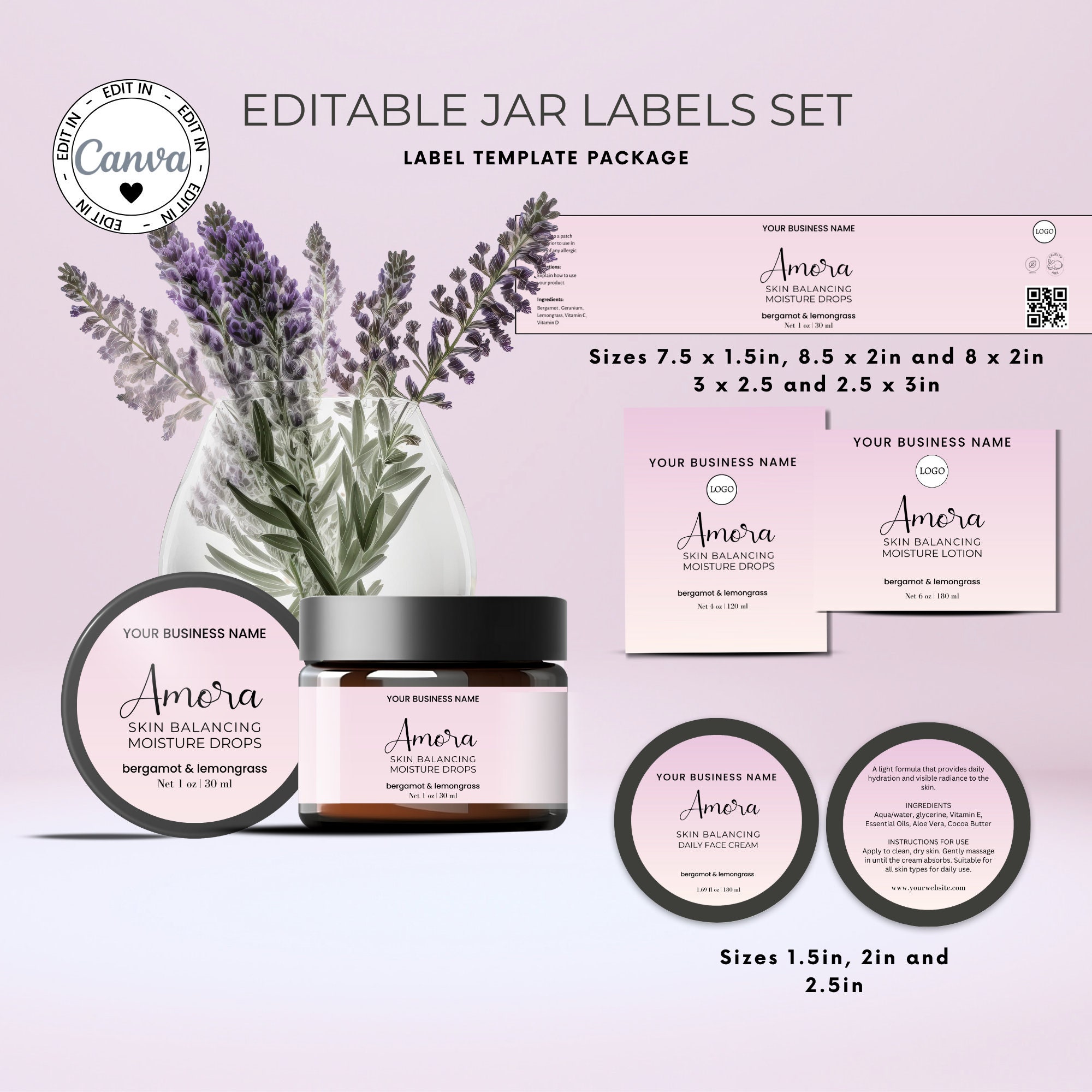 Jar Label Template, Skincare Stickers, Wraparound and Lid Label, Canva ...