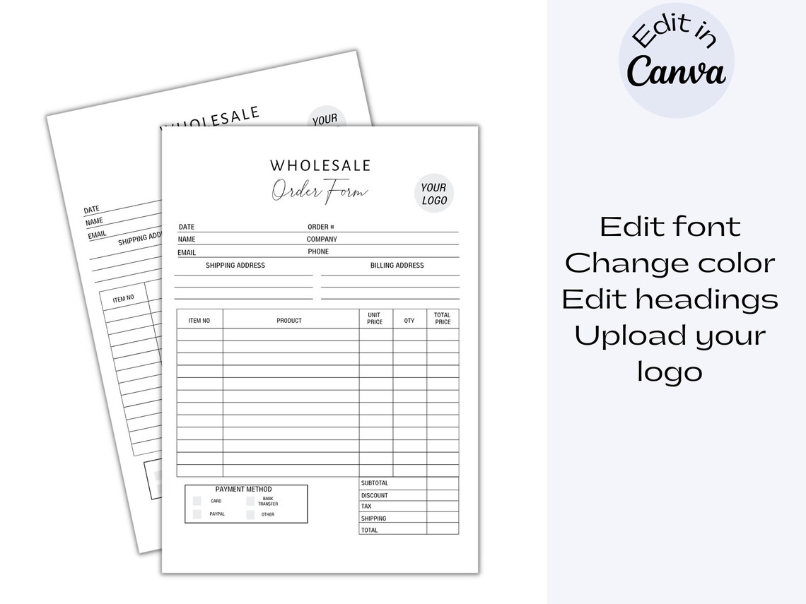 Wholesale Order Form Template, Canva Editable Order Sheet Template ...