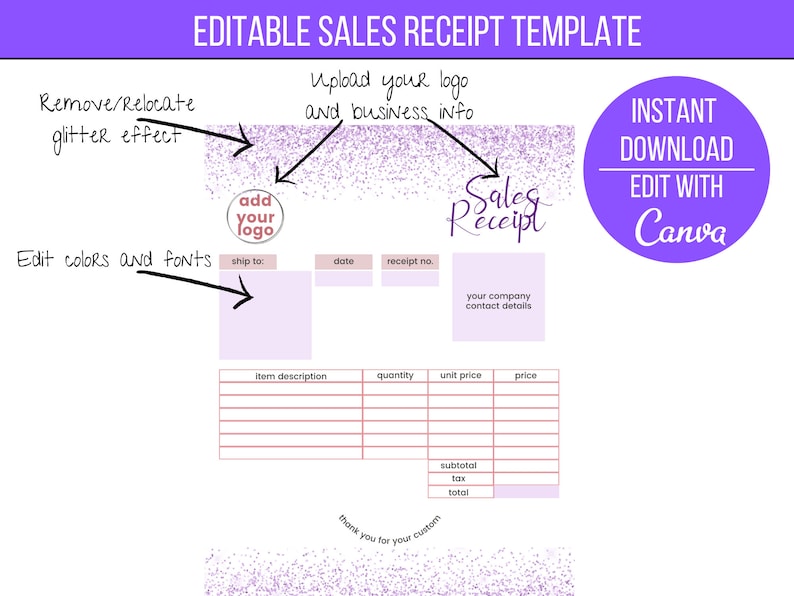 Editable Business Sales Receipt Template, Customizable and Printable ...