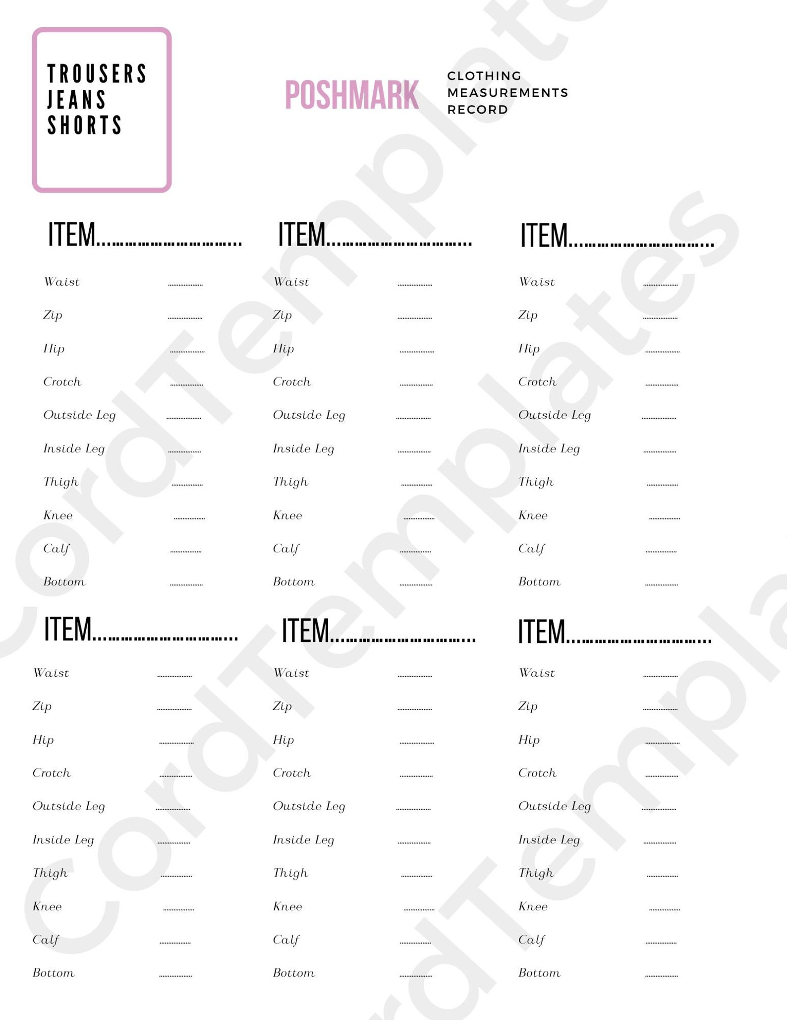 Poshmark Printable Templates | Record of Measurements| Reseller ...