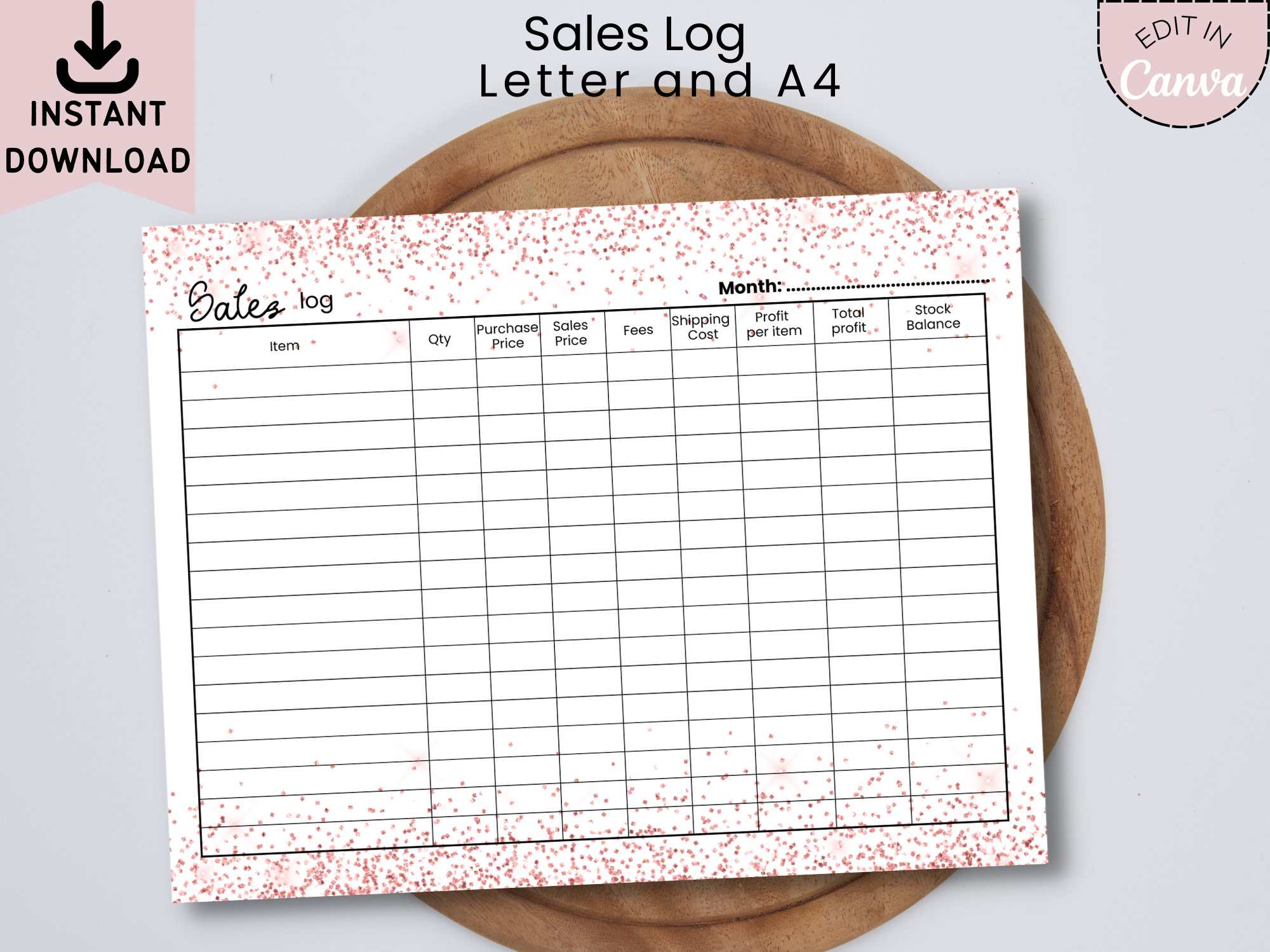 Pink Glitter Editable Sales Log Template, Sale and Purchase Inventory ...