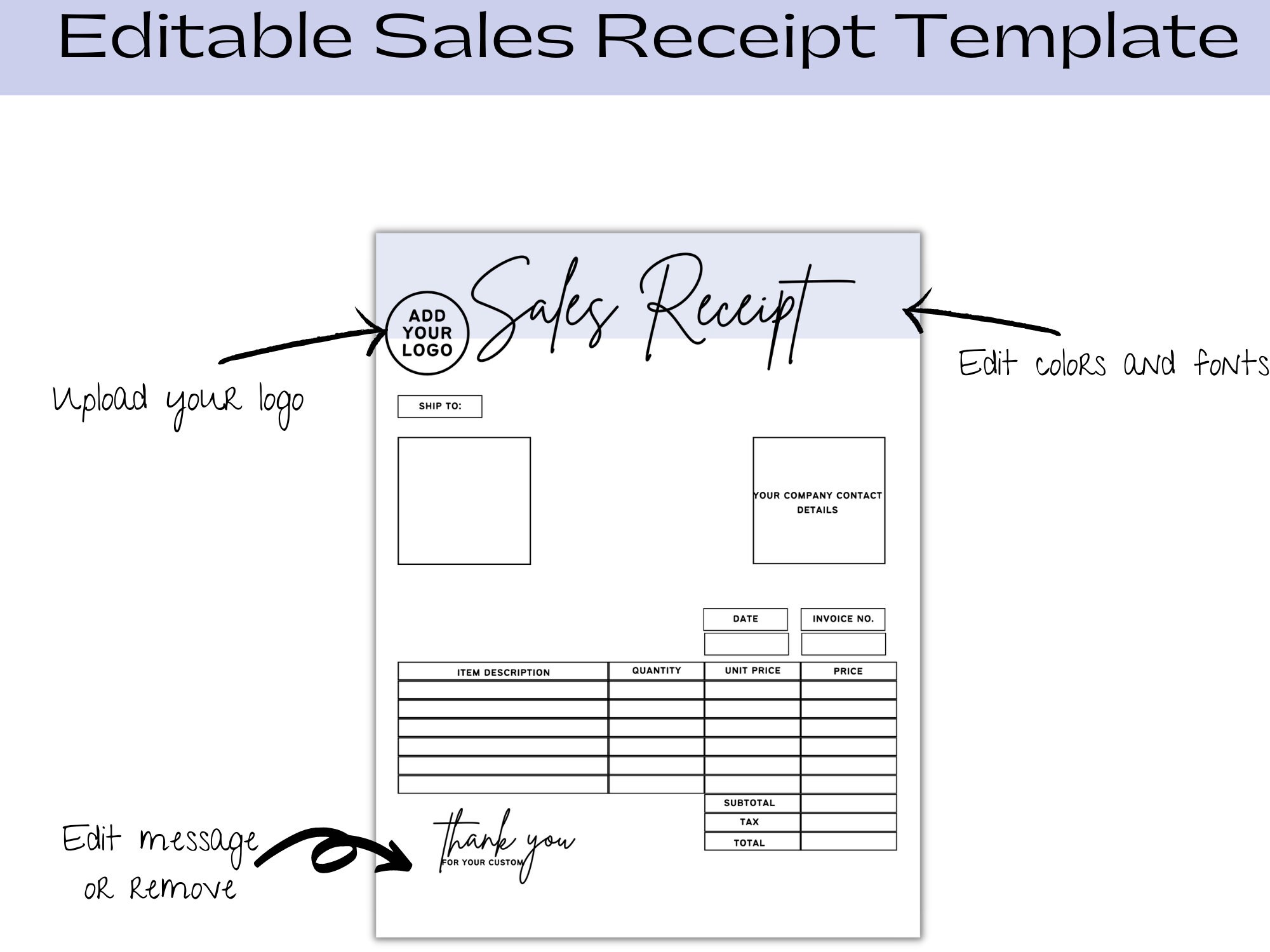 Editable Business Sales Receipt Template, Customizable and Printable ...