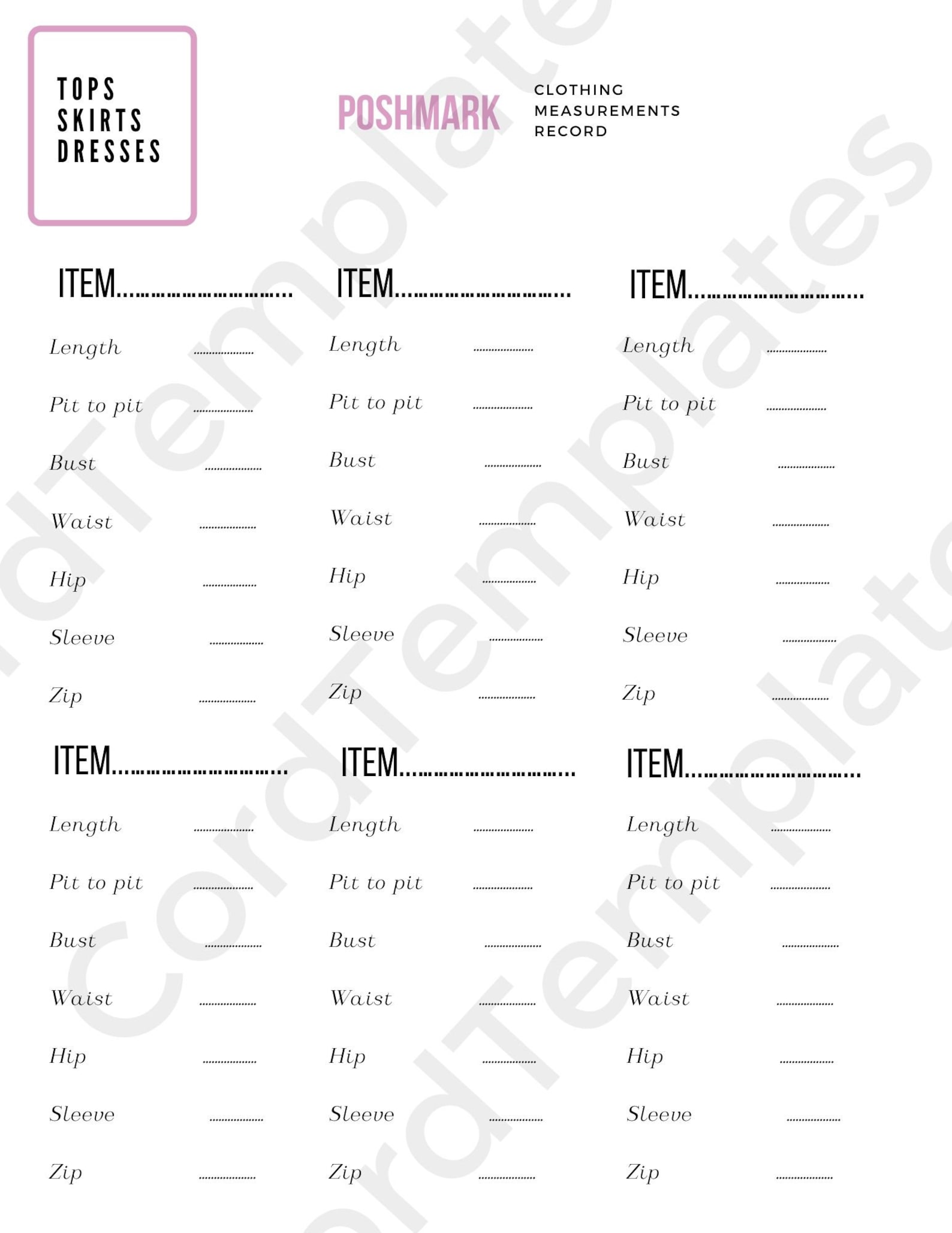 Poshmark Printable Templates | Record of Measurements| Reseller ...