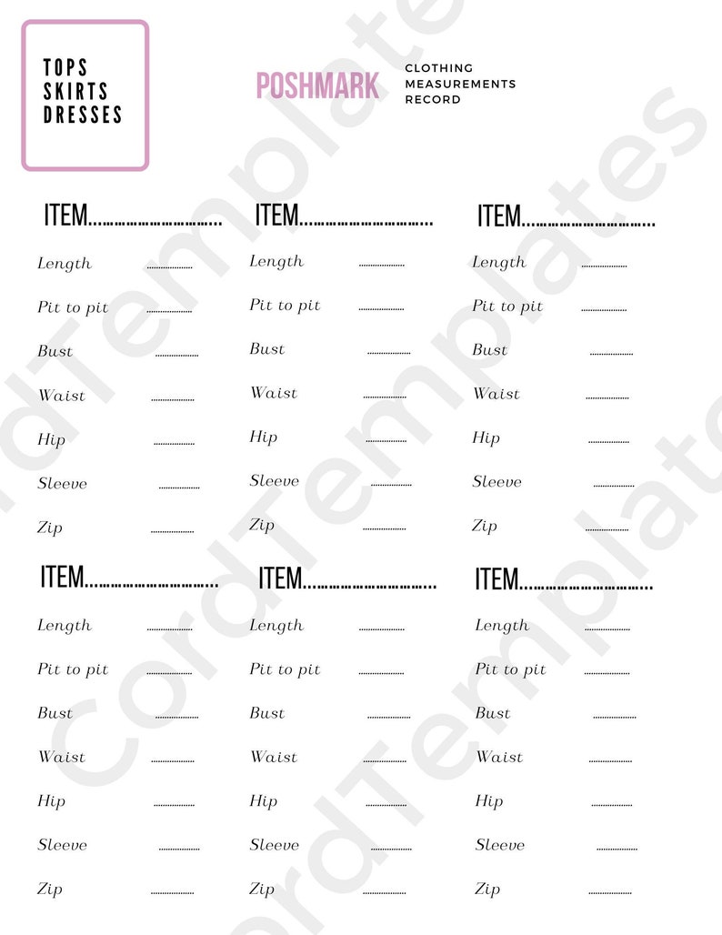 Poshmark Fillable Template Record Of Measurements Reseller Etsy