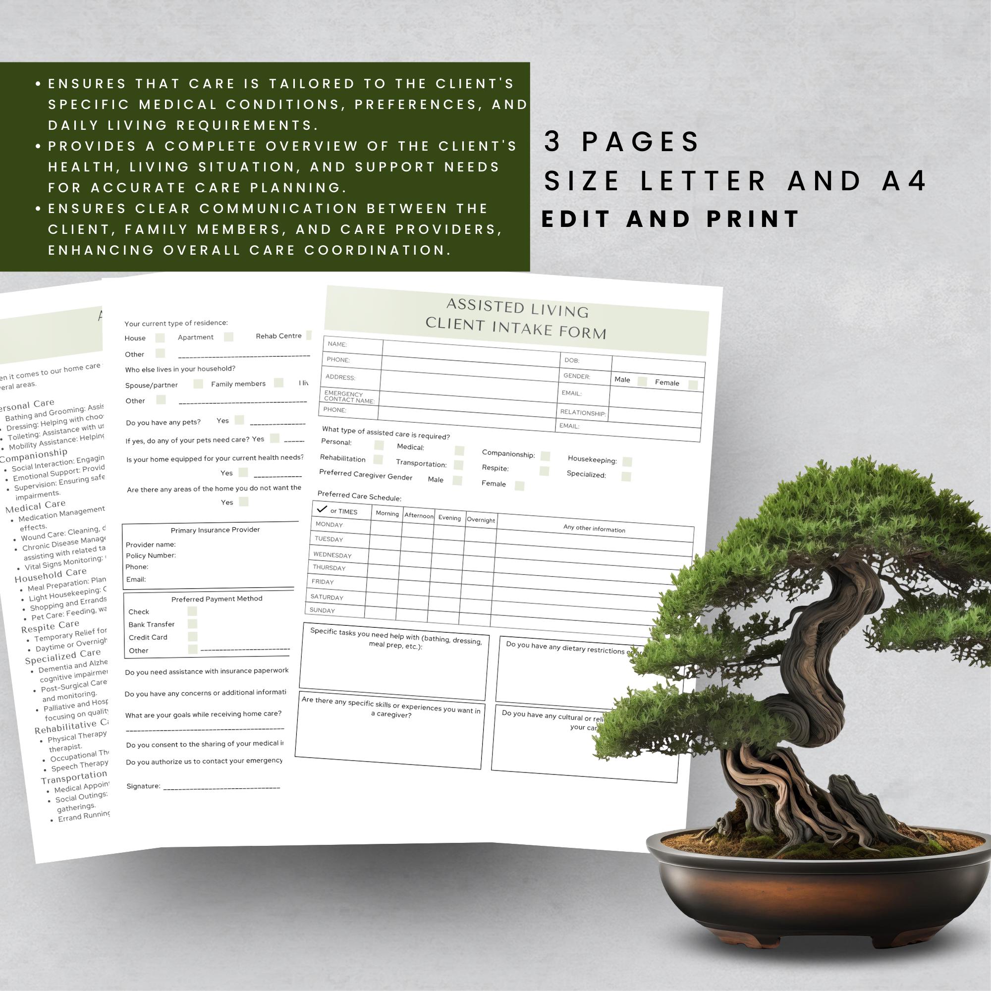 Home Care Service Client Intake Form, Editable Template, Assisted ...