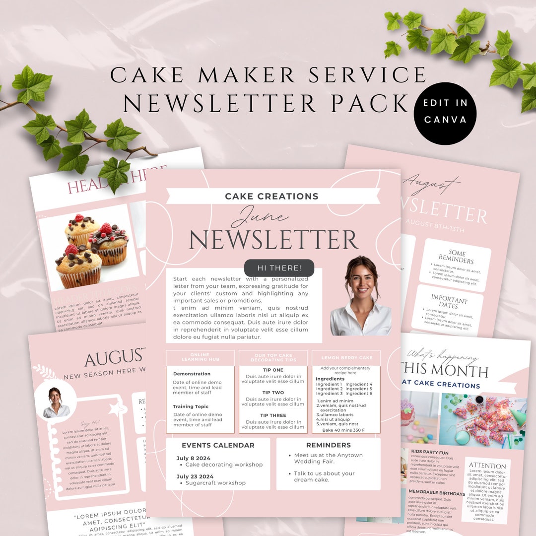 Cake Business Service Newsletter Pack, Bakery Newsletter Template ...