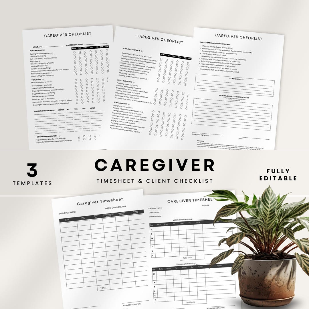 Home Care Timesheets and Caregiver Checklist Plan of Care, Editable ...