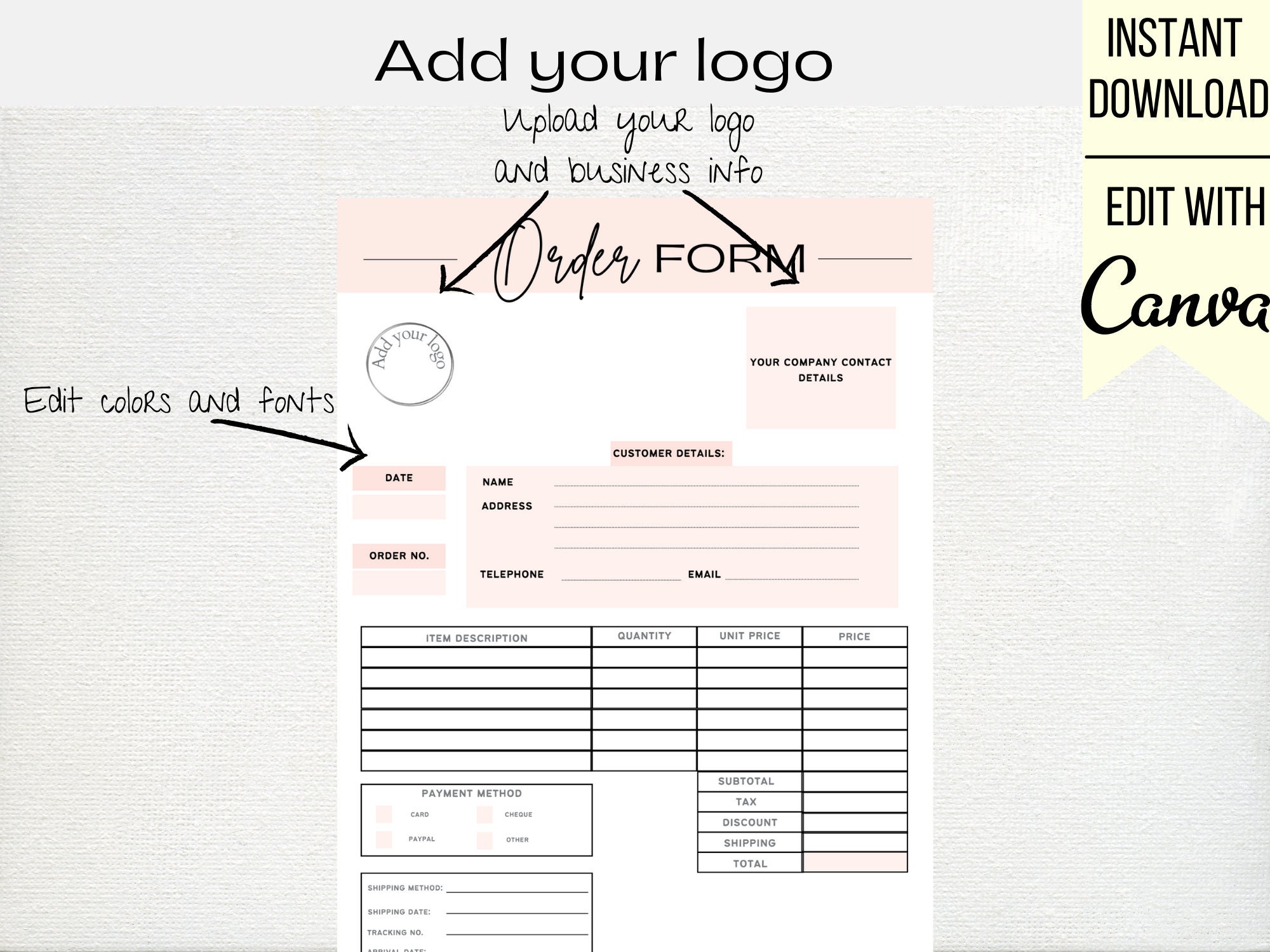 Editable Order Form Template Pink, Printable and Customizable Order ...