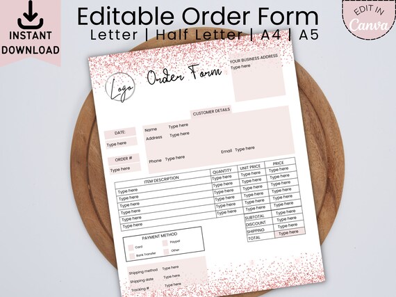 Pink Glitter Editable Order Form Template Order Form Canva - Etsy