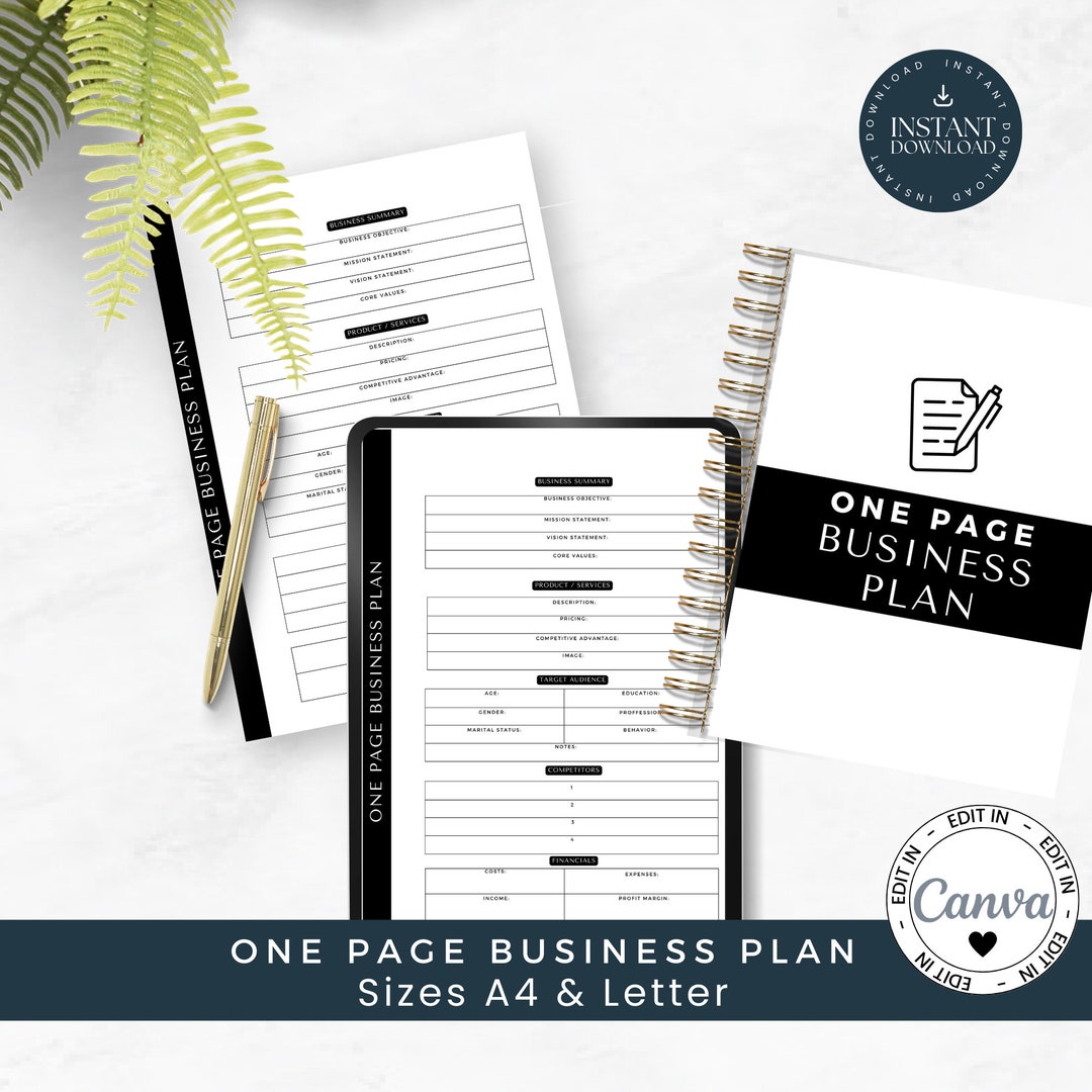 One Page Business Plan Template, Canva Template for a 1 Page Business ...