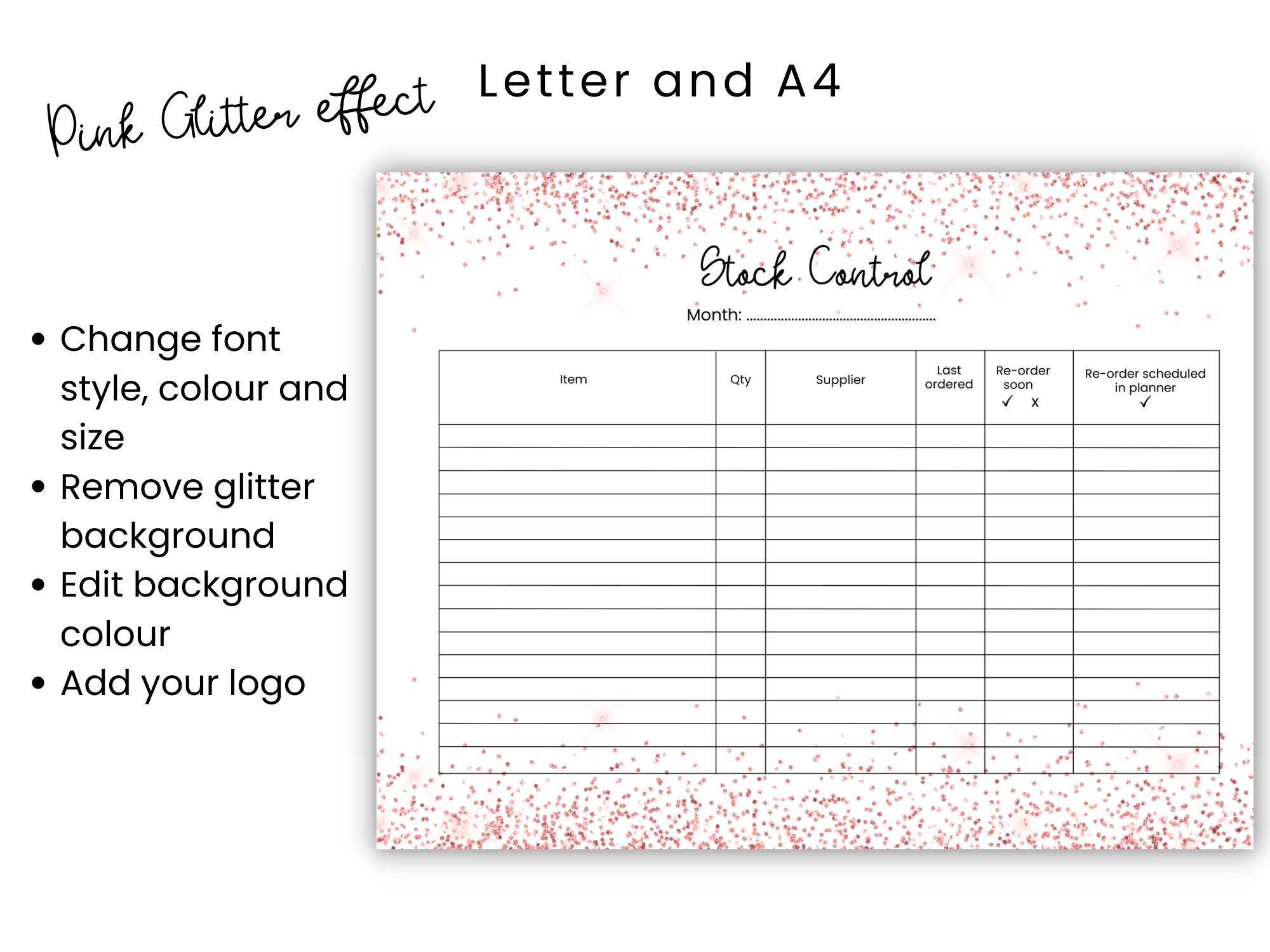 Pink Glitter Editable Stock Control Template, Inventory Management ...