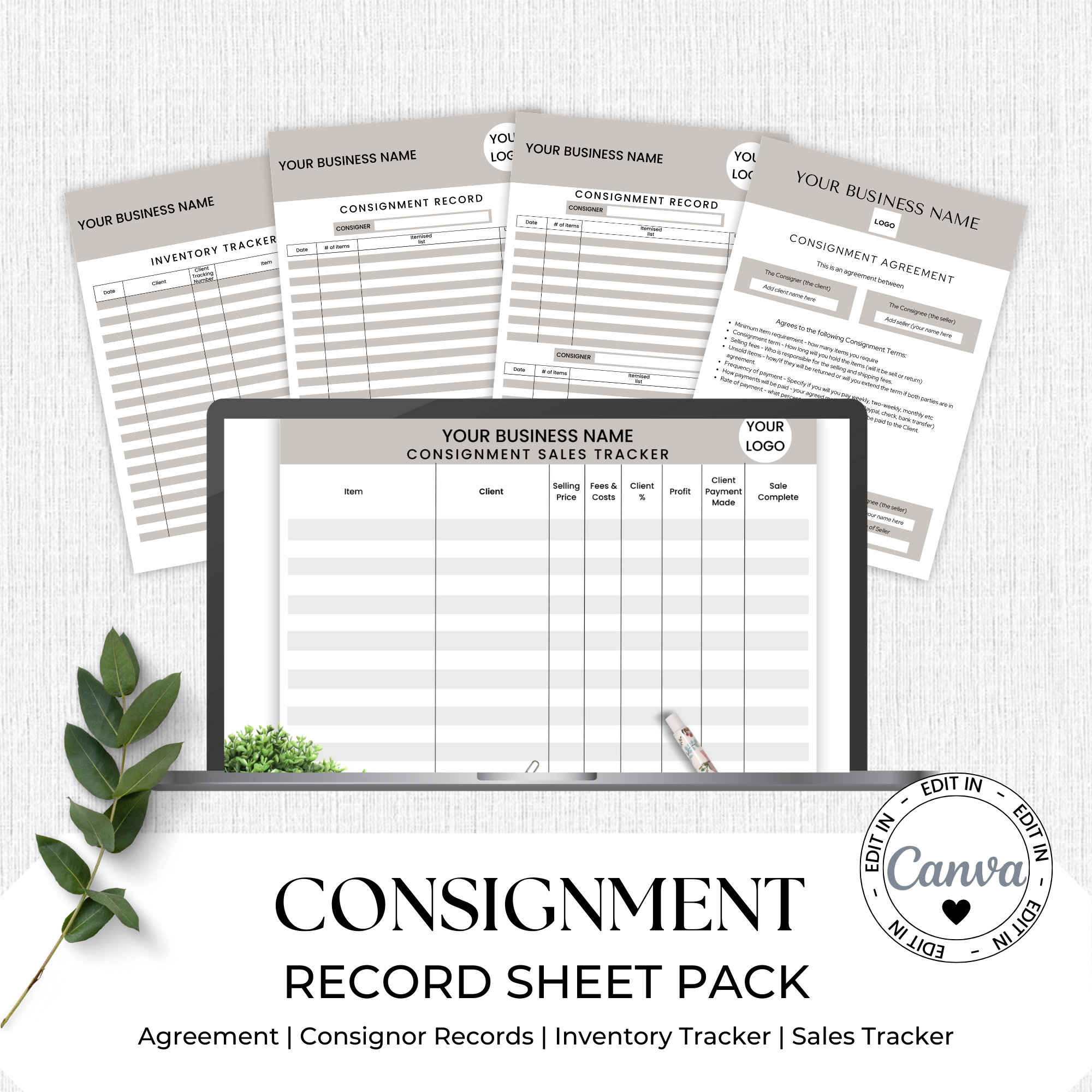 Neutral Editable Consignment Record - Keeping Pack, Agreement, Sales ...