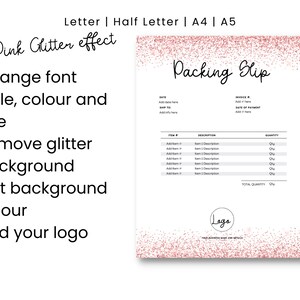 Pink Glitter Editable Packing Slip Template, Packing Slip Canva ...