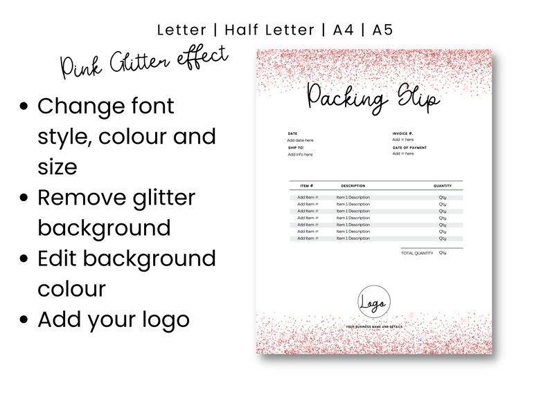 Pink Glitter Editable Packing Slip Template, Packing Slip Canva ...