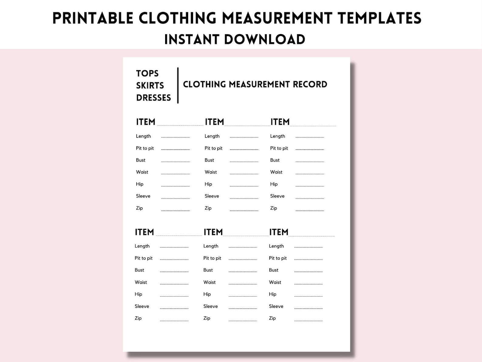 Printable Clothing Measurement Template | Reseller Measuring Record ...
