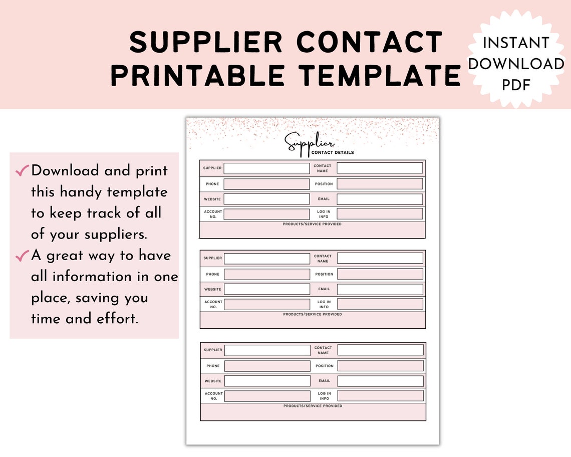 Supplier Contact Record Printable Template, PDF Printable Digital ...