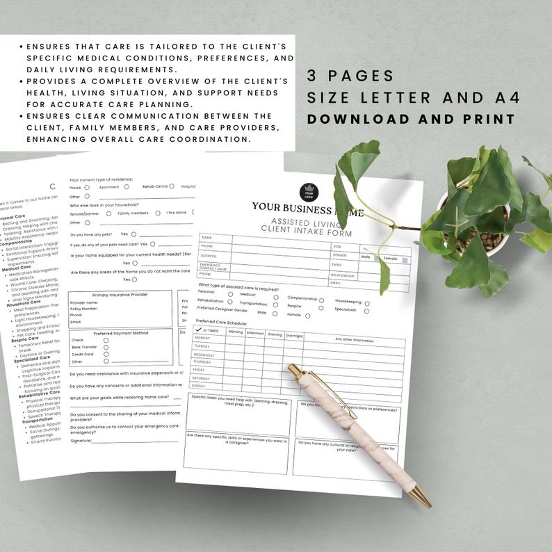Home Care Service Client Intake Form, Assisted Living Assessment Form ...