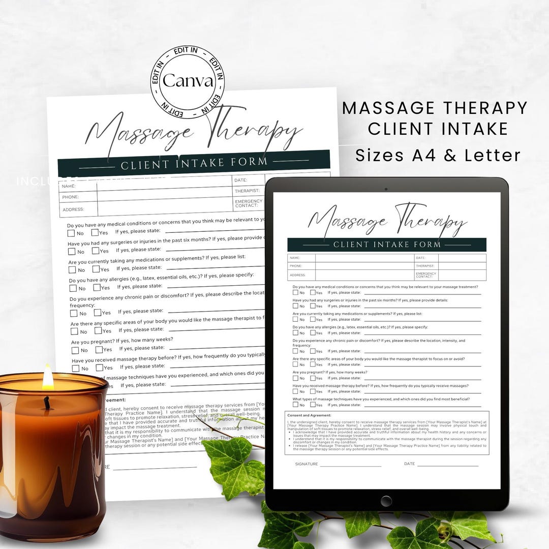Massage Therapy Client Intake Template, Editable Client Consultation ...