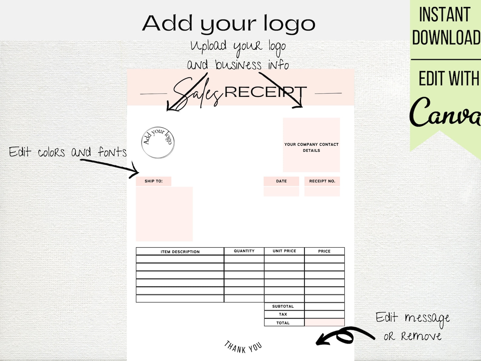 Editable Business Sales Receipt Template, Customizable and Printable ...