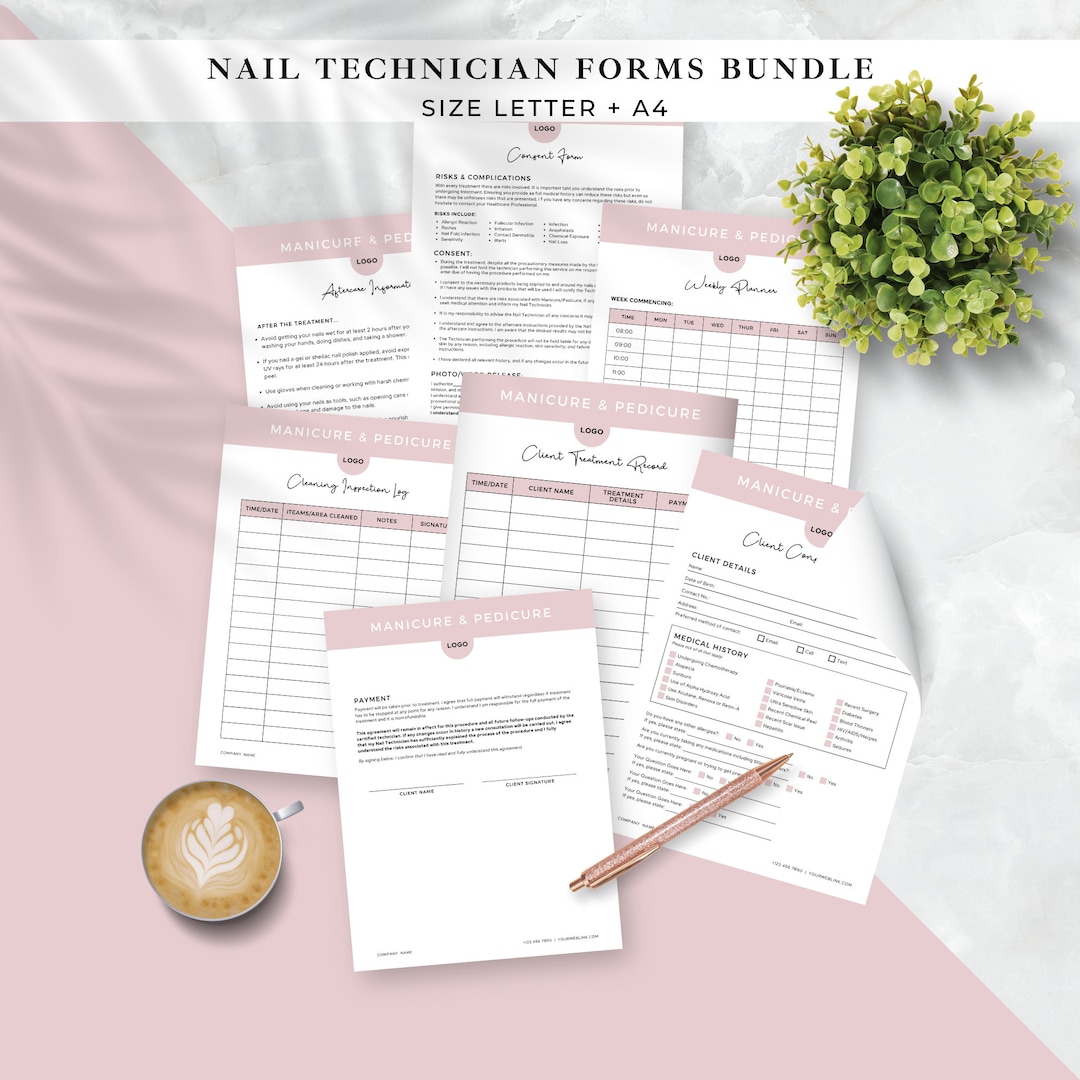 Editable Nail Technician Forms Bundle, Pink Esthetician, Manicure ...