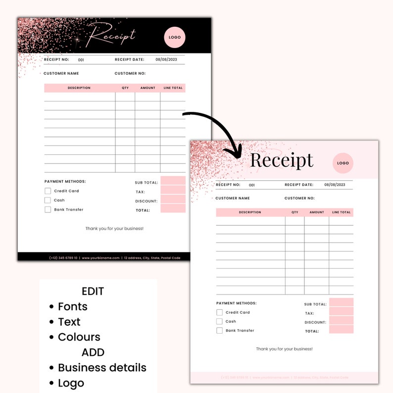Editable Business Sales Receipt Template, Customizable and Printable ...