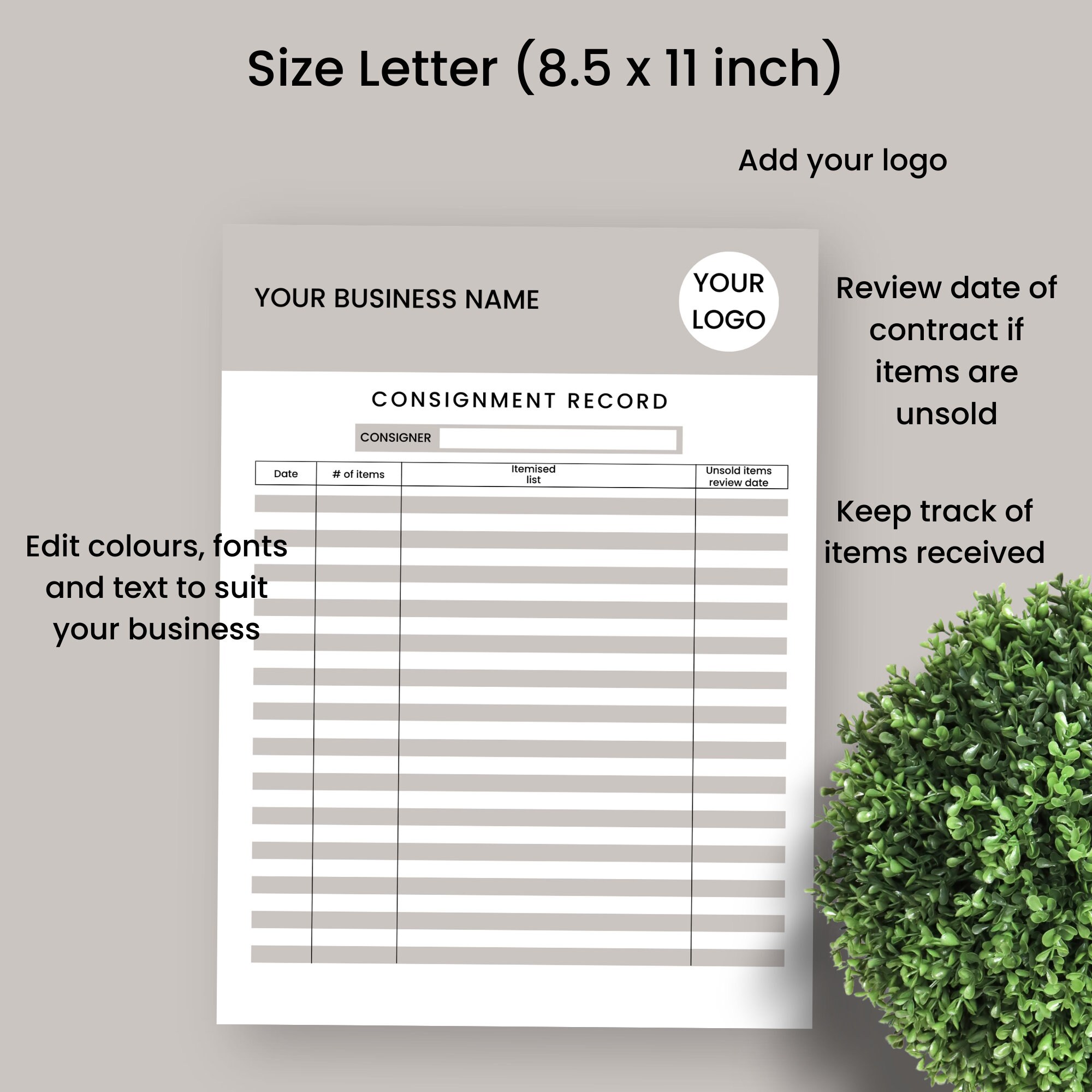 Consignment Record Sheet, Neutral Editable Reseller Consignment Log ...