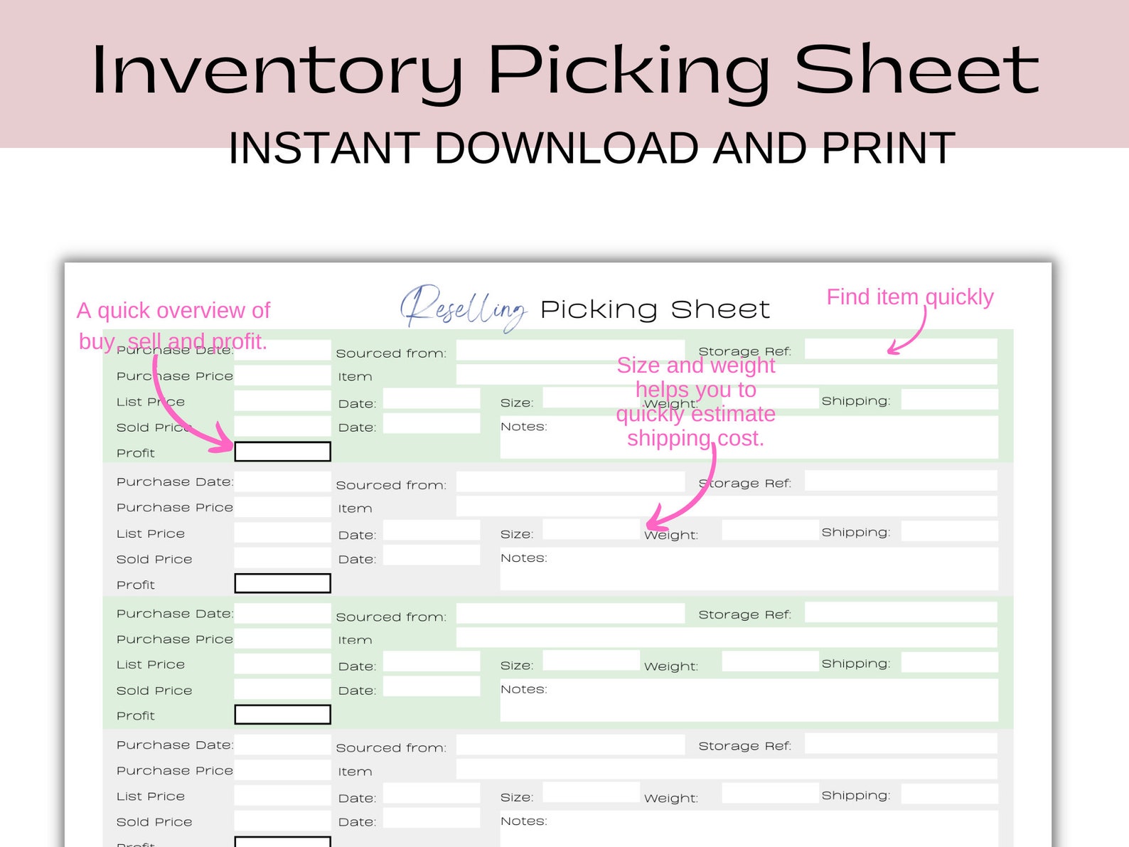 Printable Picking Sheet, Reseller Inventory Record Sheet, Picking Sheet ...