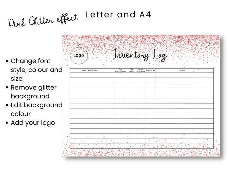 Pink Glitter Editable Inventory Tracker Template, Inventory Log Canva ...