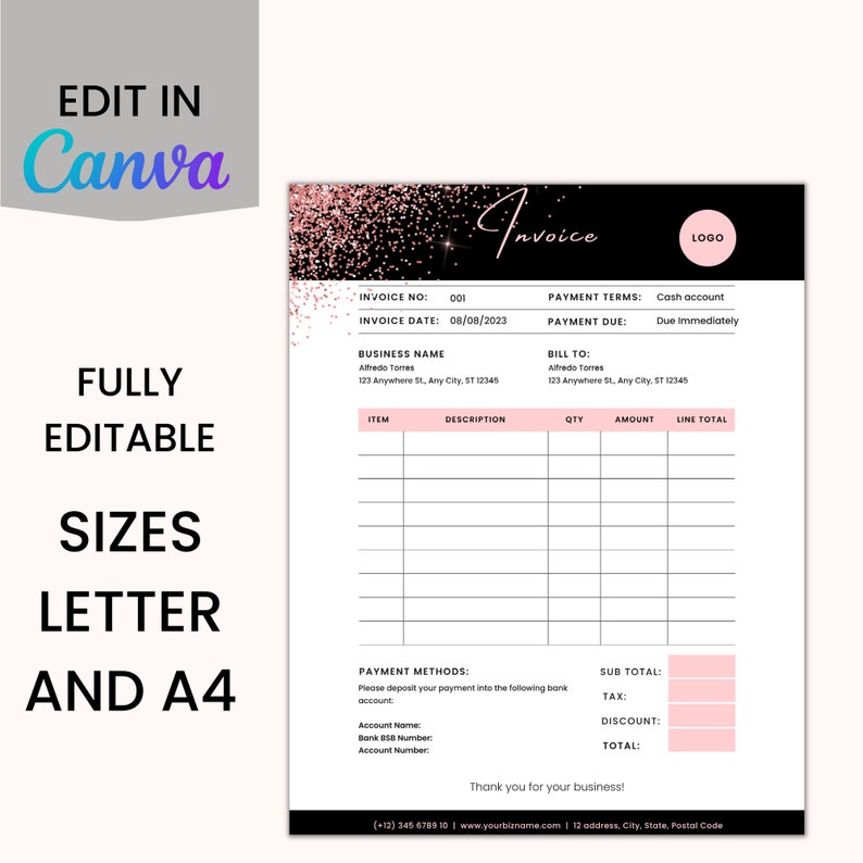 Canva Editable Business Invoice Template, Salon Invoice, Pink Glitter ...