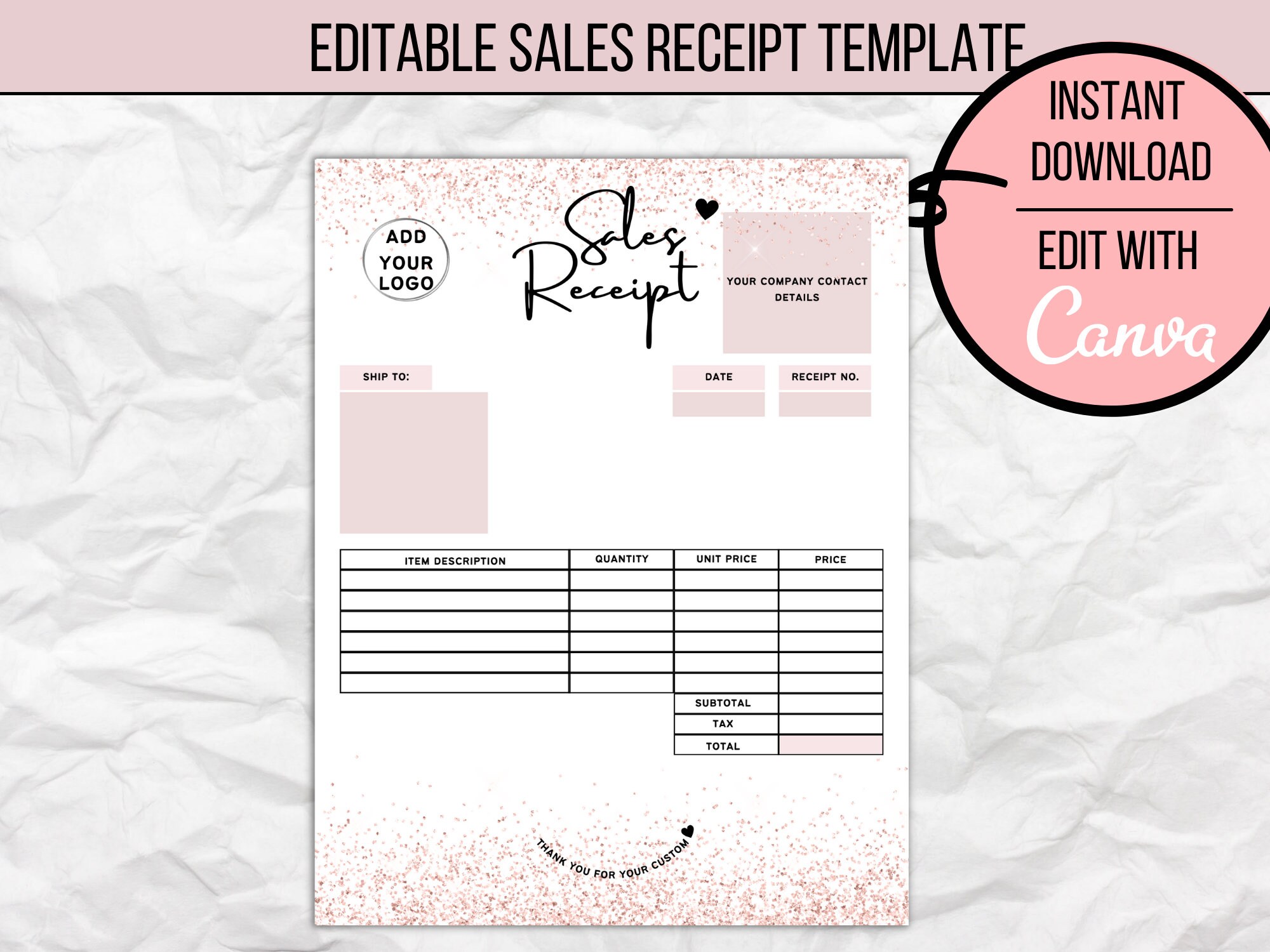Editable Business Sales Receipt Template, Customizable and Printable ...