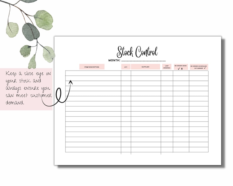 Stock Control Template, Inventory Management PDF Printable Record Sheet ...
