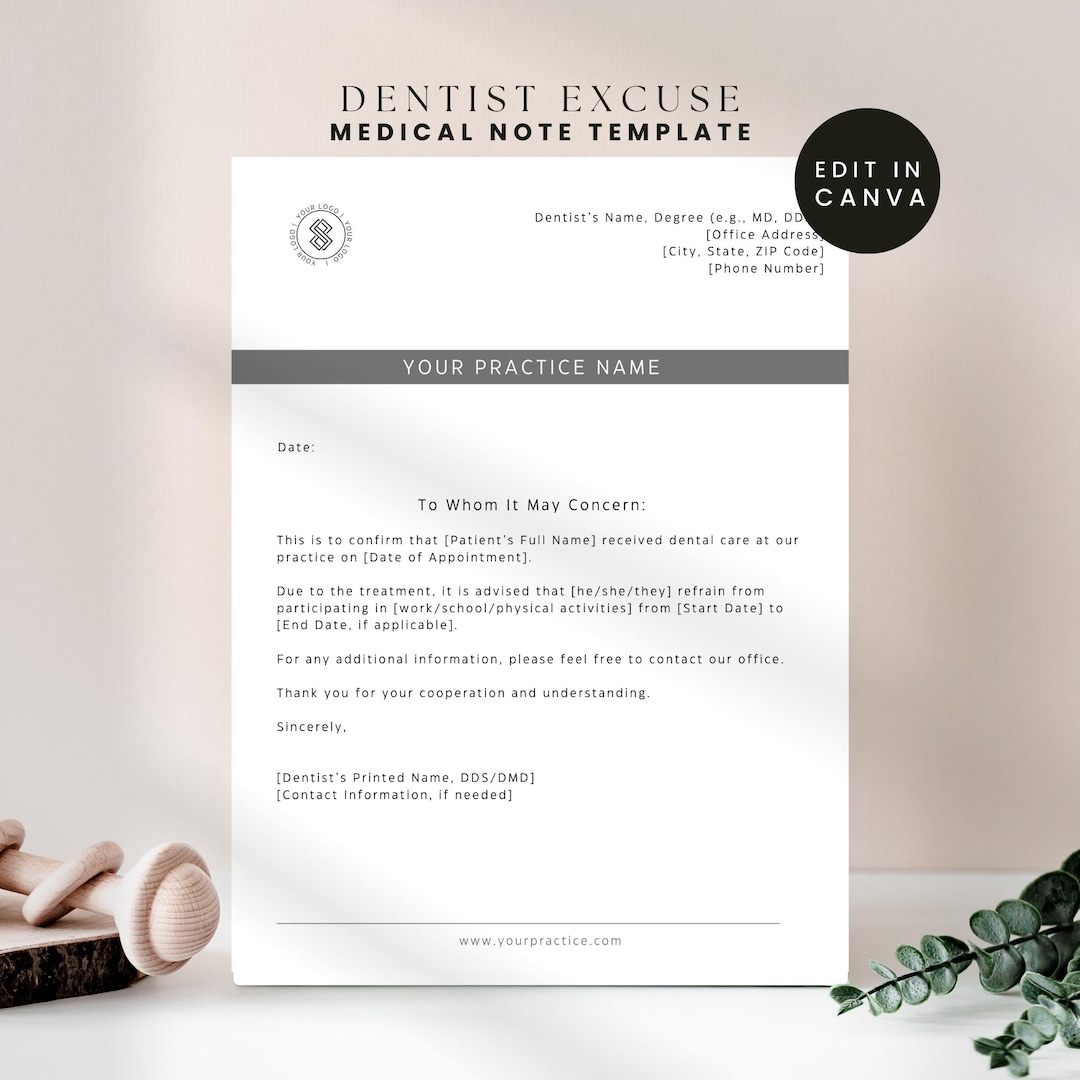 Dentist Doctor Excuse Note for Work, Dental Excuse Note for School ...