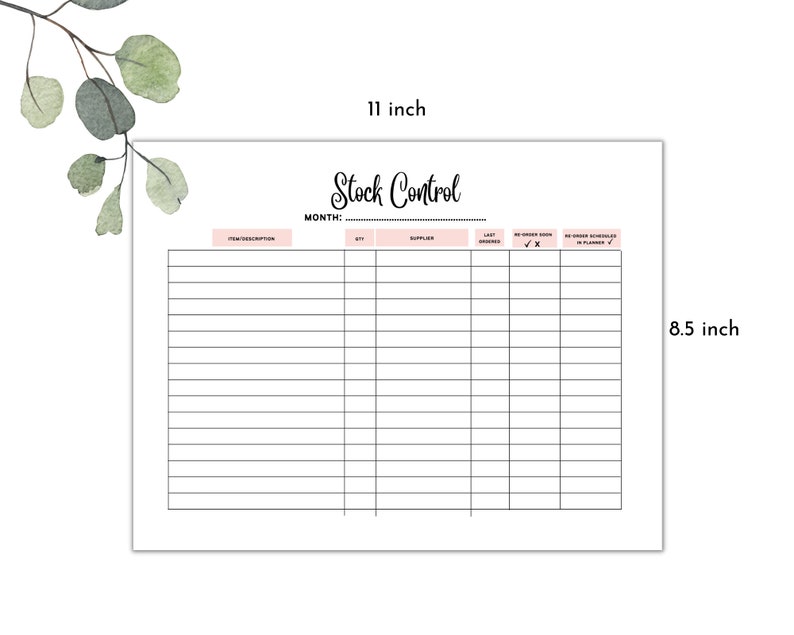 Stock Control Template, Inventory Management PDF Printable Record Sheet ...