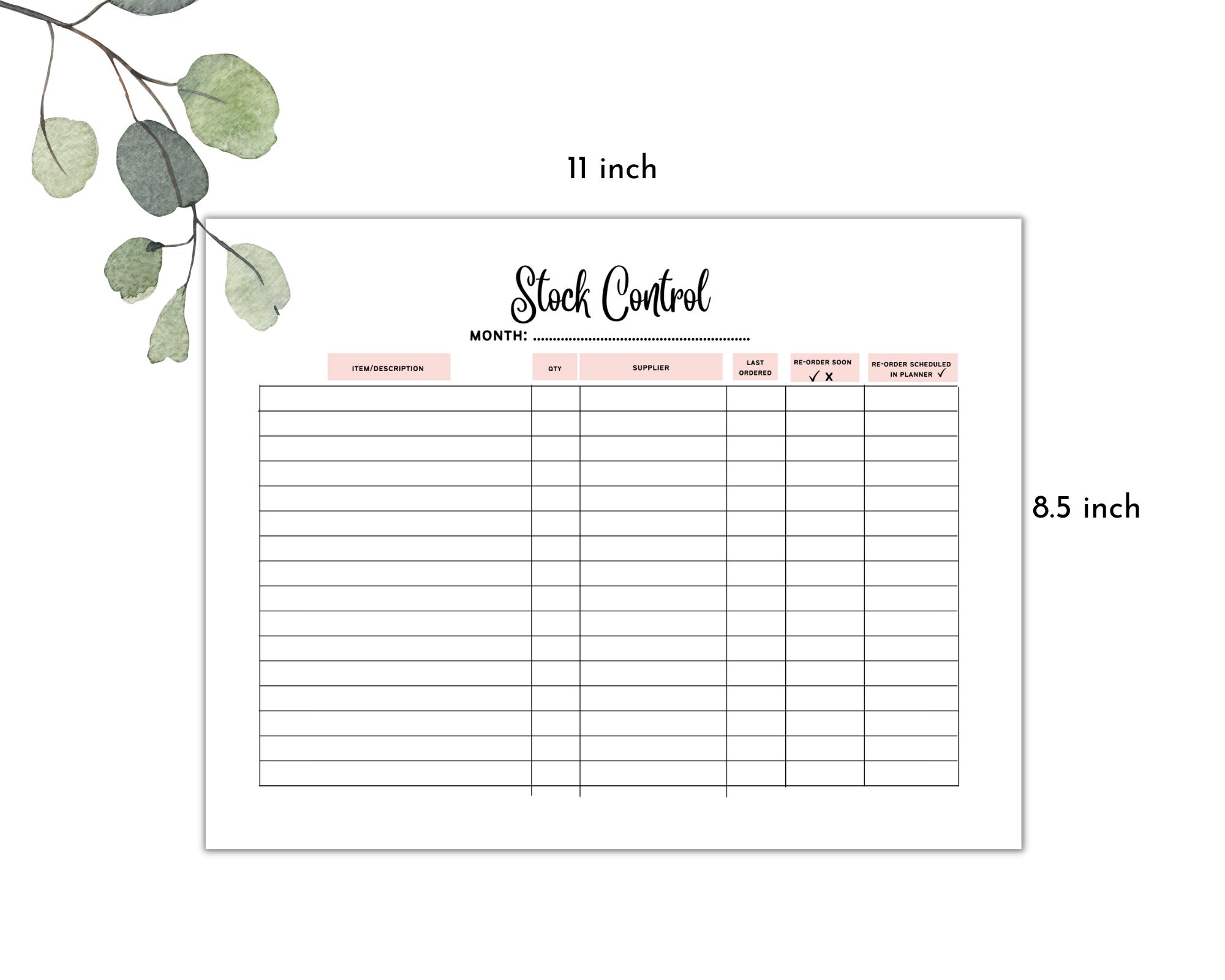Stock Control Template, Inventory Management PDF Printable Record Sheet ...