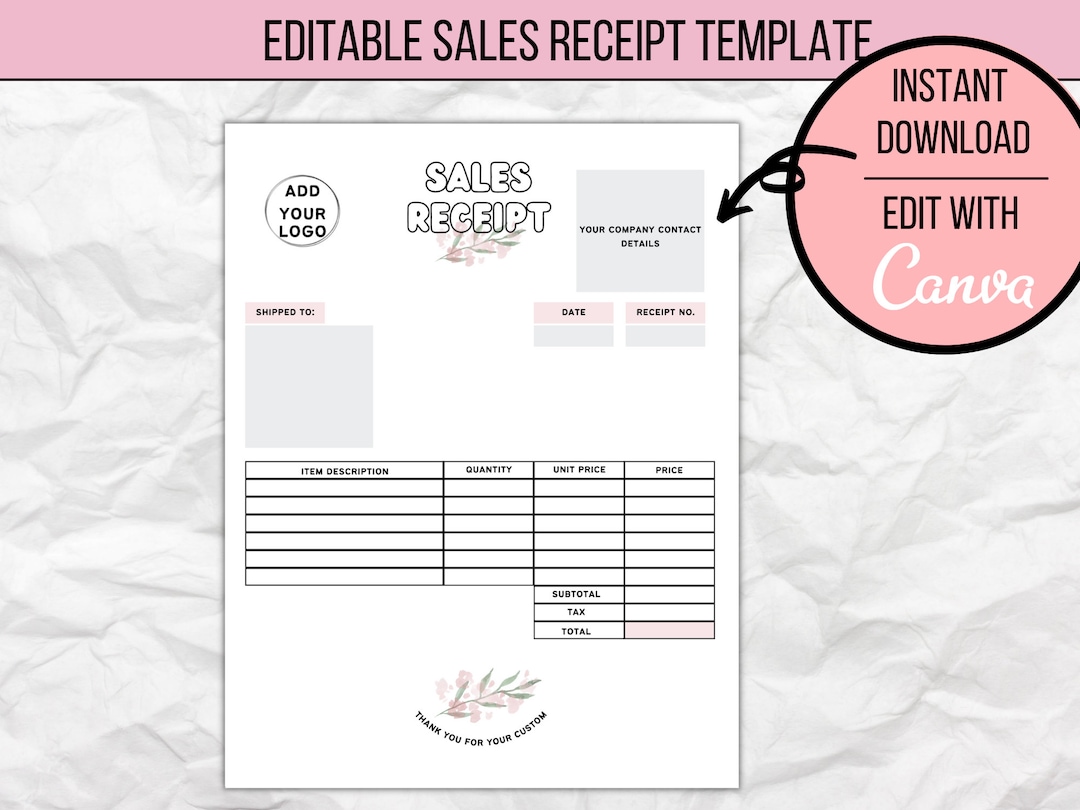 Editable Business Sales Receipt Template, Customizable and Printable ...