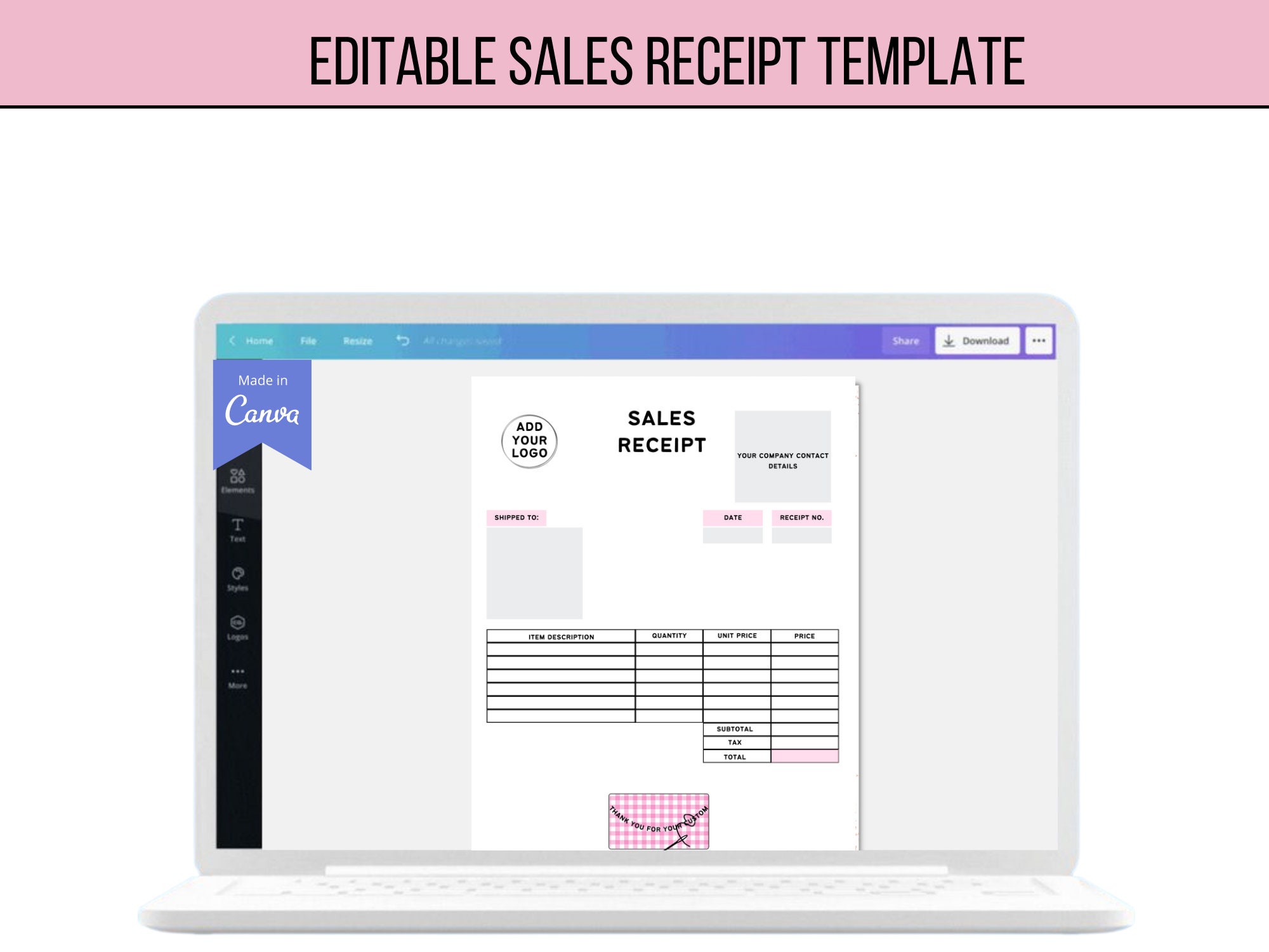 Editable Sales Receipt Template for Sewing Craft Business ...
