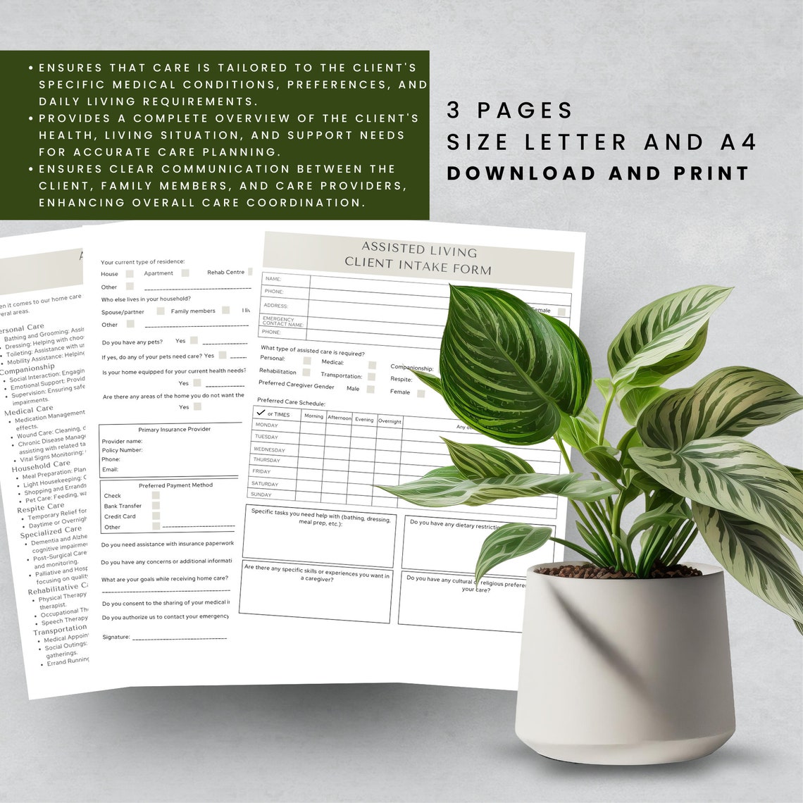 Home Care Service Client Intake Form, Assisted Living Assessment Form ...
