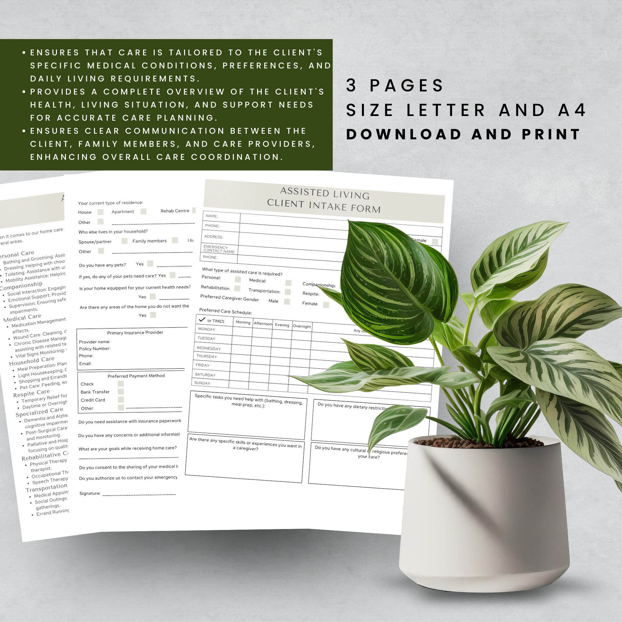 Home Care Service Client Intake Form, Assisted Living Assessment Form ...