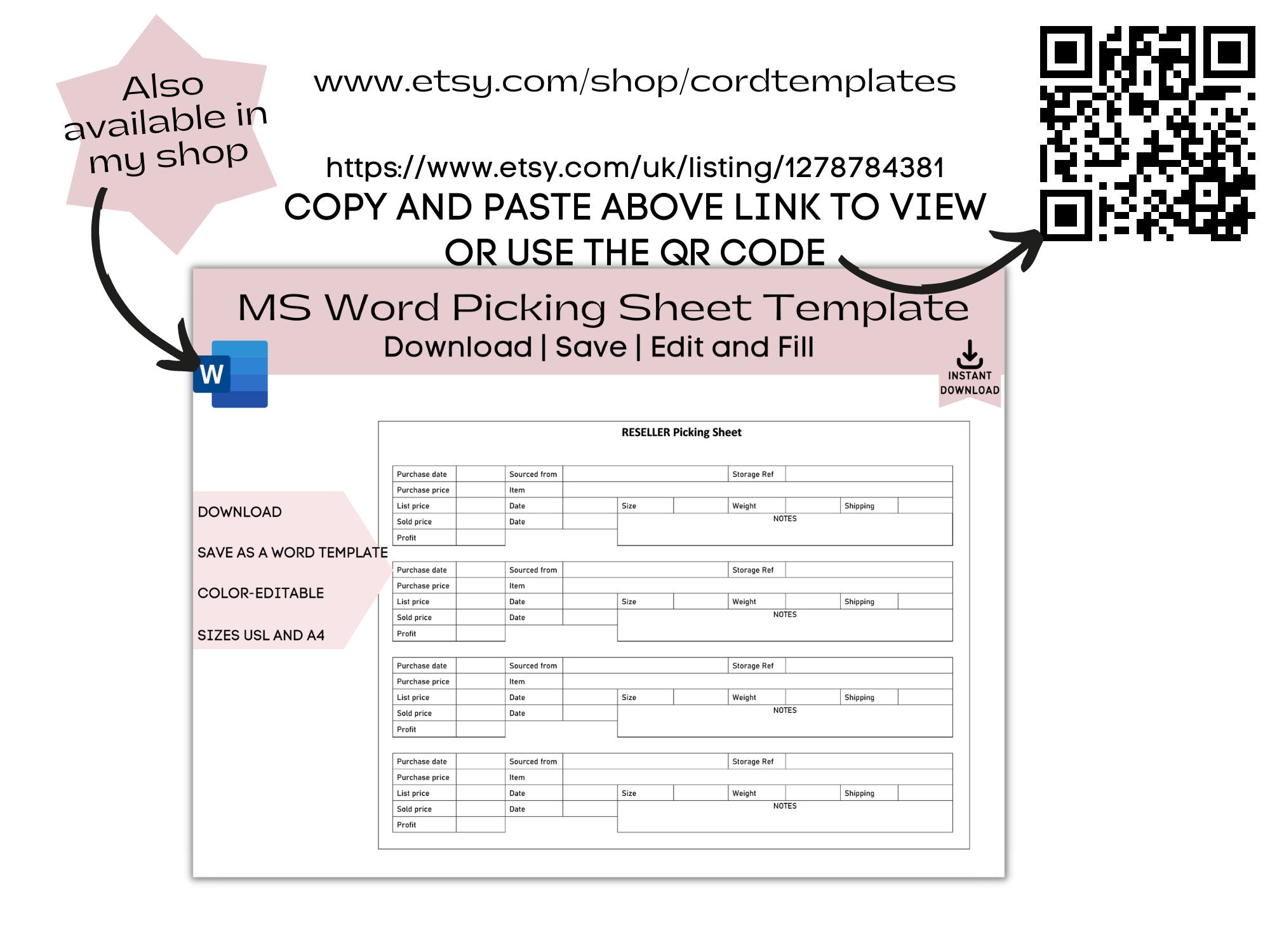 Printable Picking Sheet, Reseller Inventory Record Sheet, Picking Sheet ...