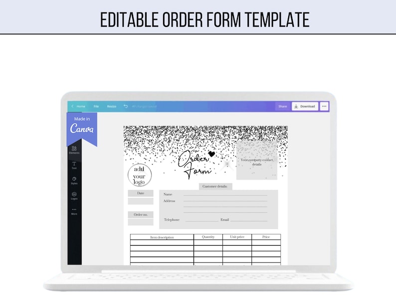 Editable Order Form Template, Black Glitter Effect Printable and ...
