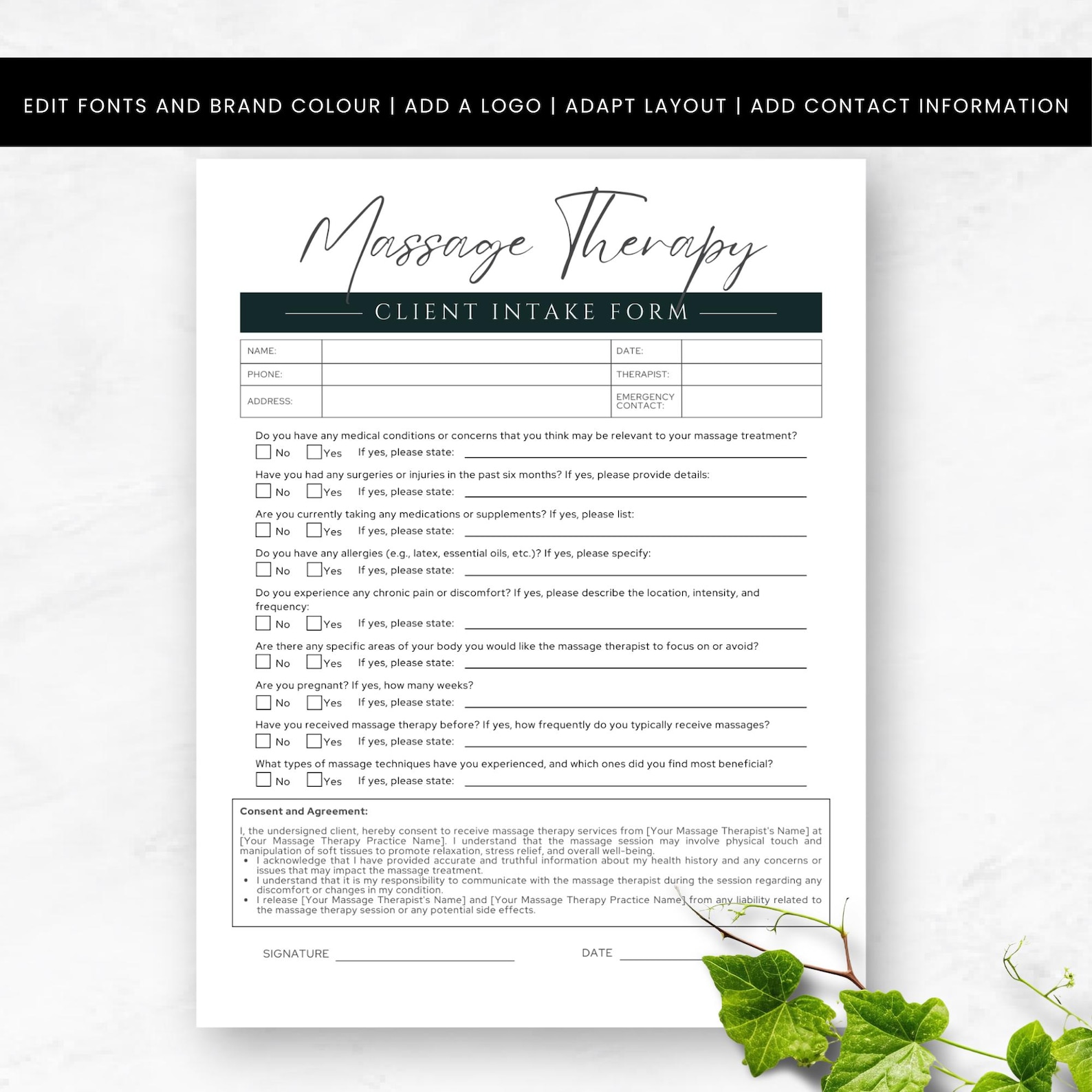 Massage Therapy Client Intake Template, Editable Client Consultation ...