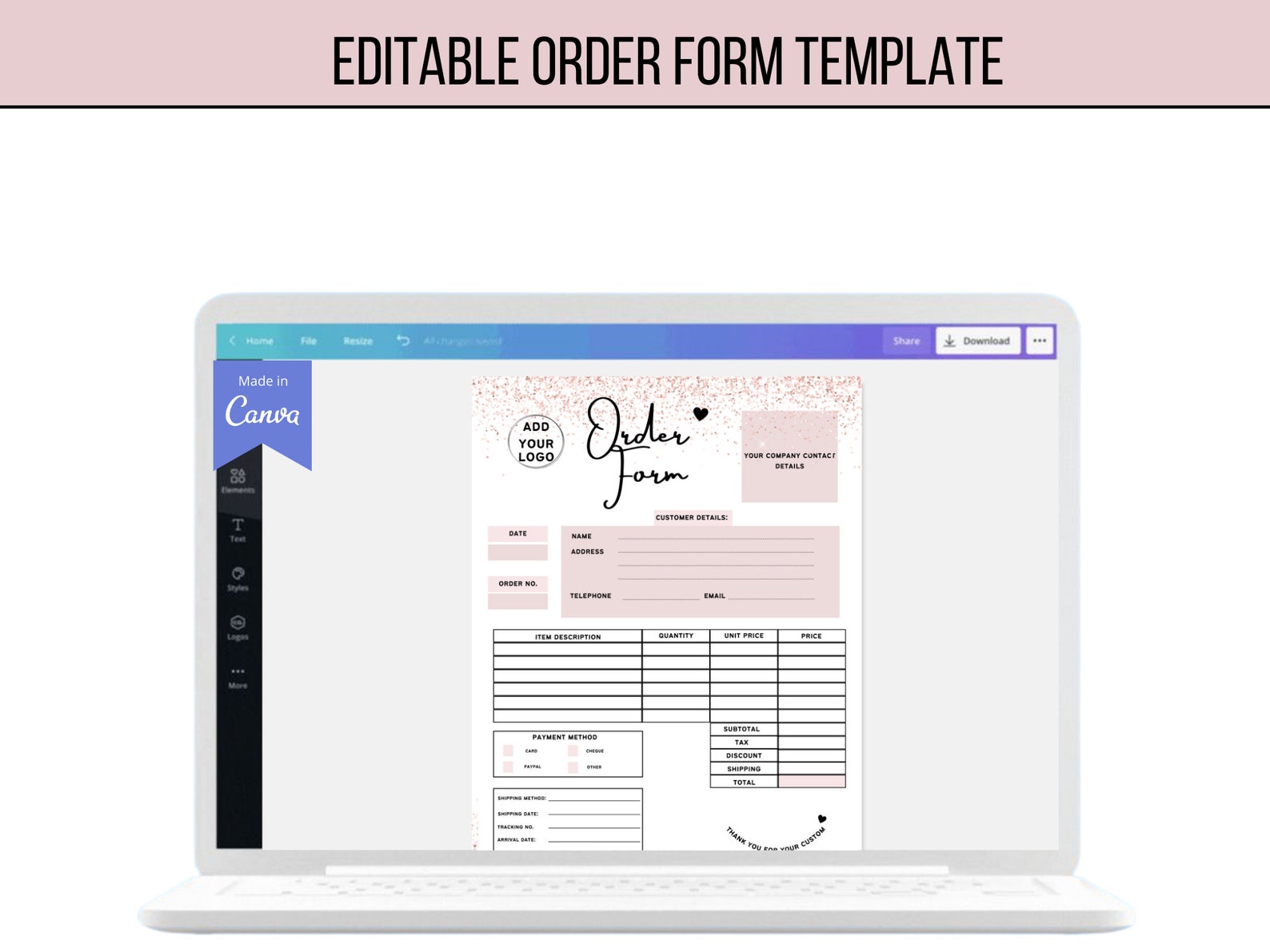 Pink Glitter Effect Editable Order Form Template, Printable and ...