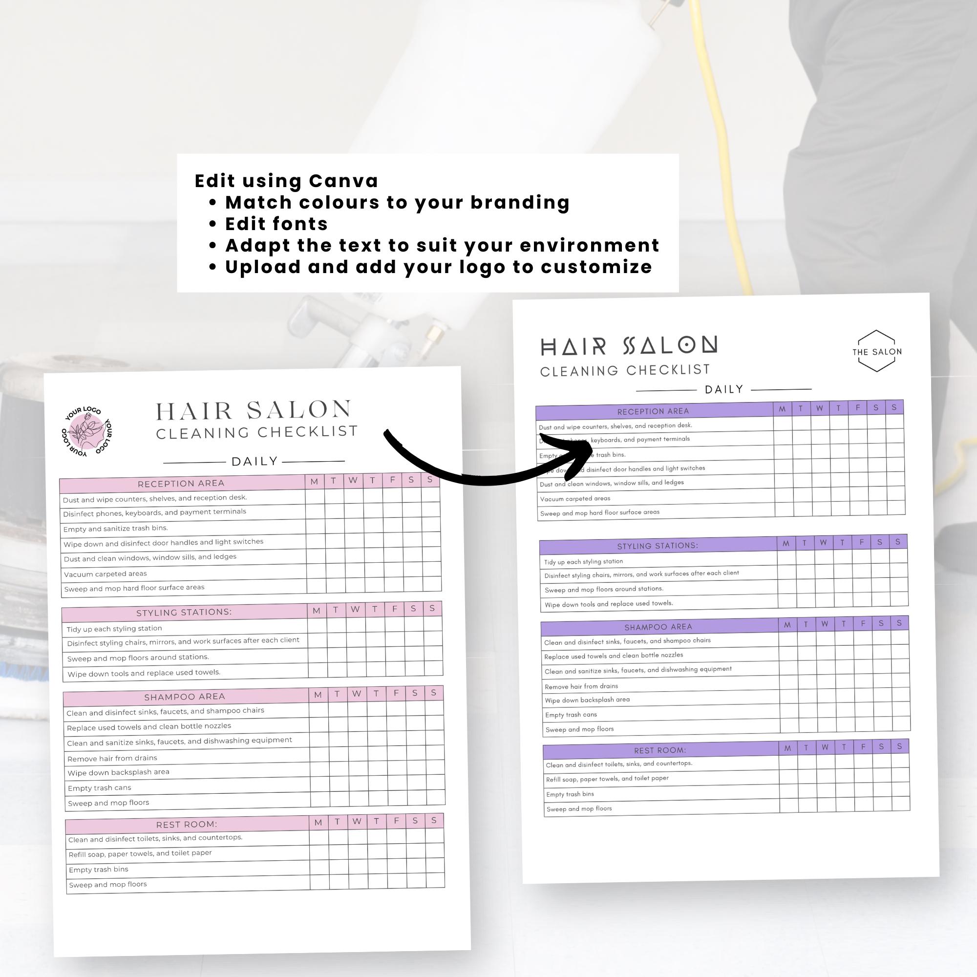 Hair Salon Cleaning Checklist Template, Editable Cleaning Rota for ...