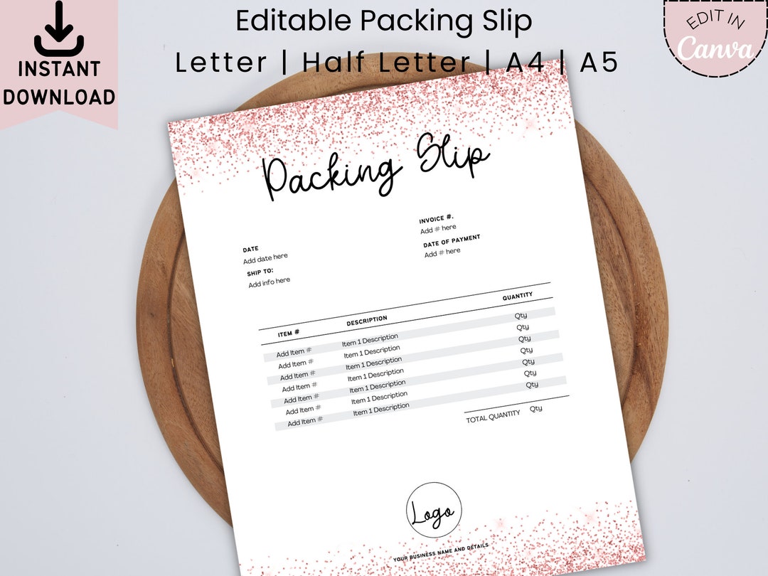 Pink Glitter Editable Packing Slip Template, Packing Slip Canva ...