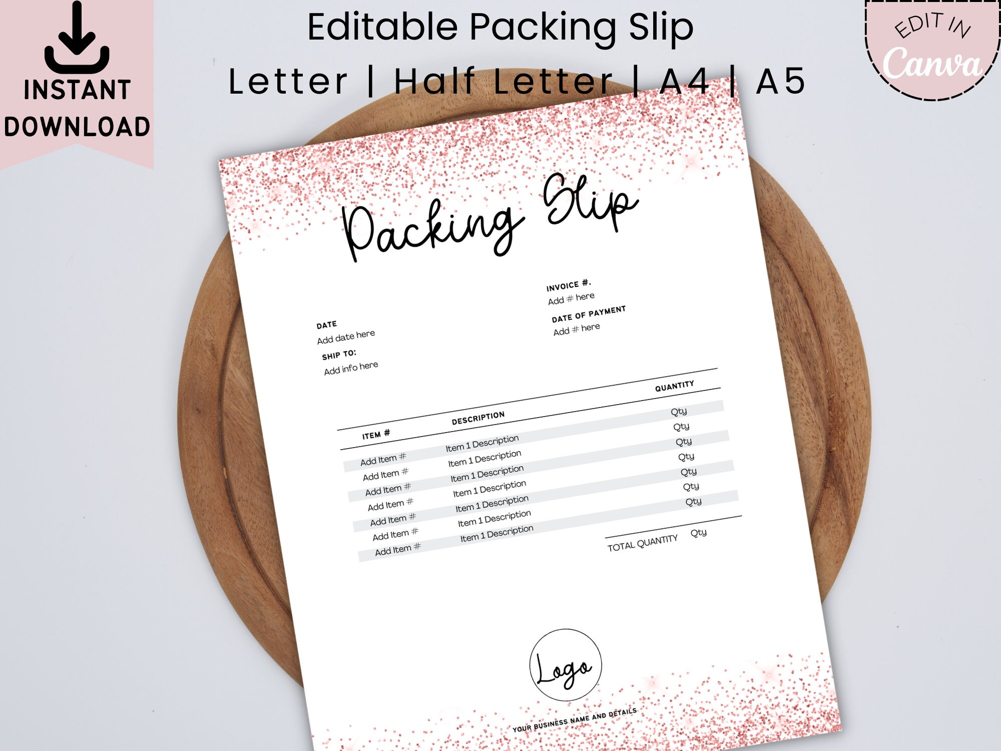 Pink Glitter Editable Packing Slip Template, Packing Slip Canva ...