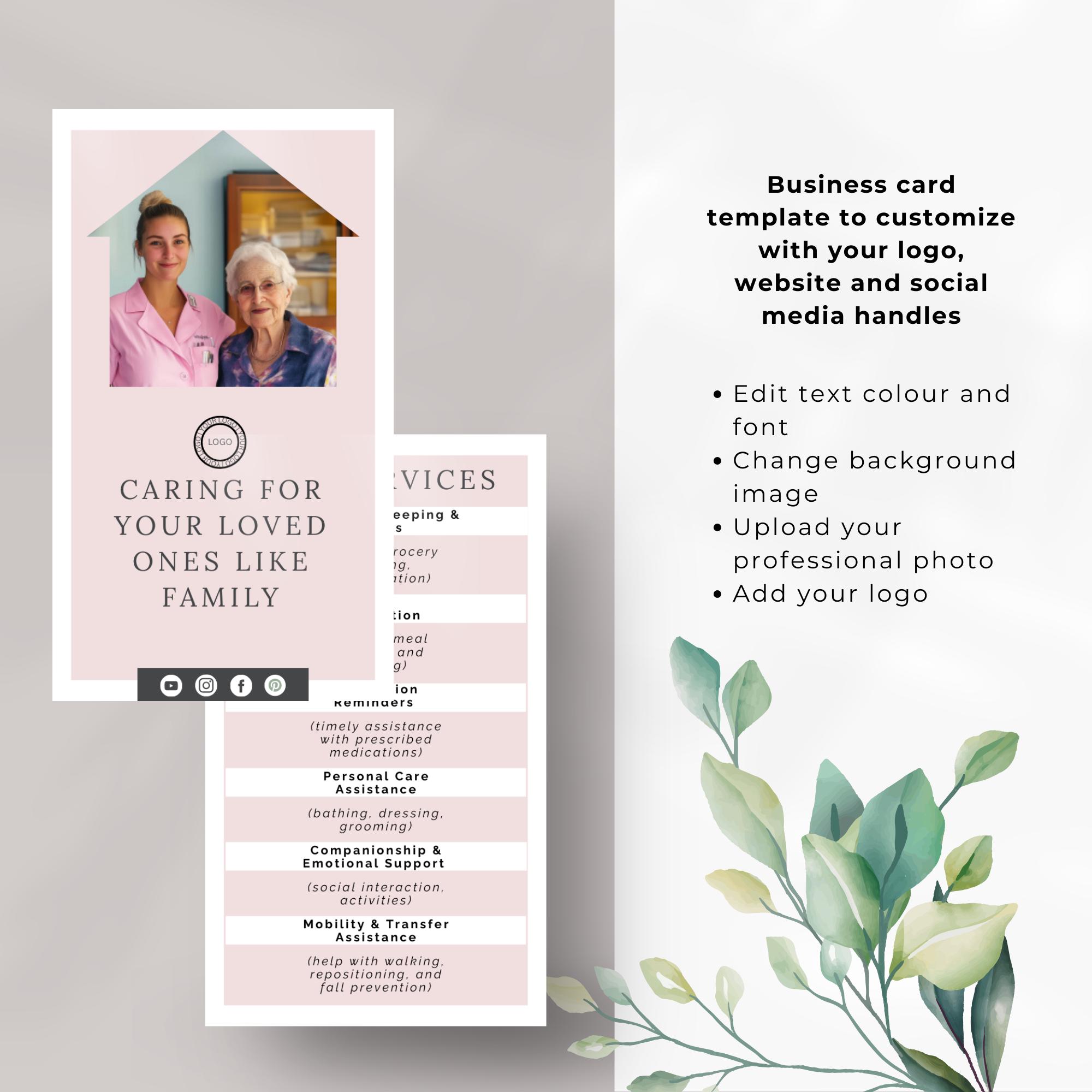 Caregiver Business Card, Home Care Service Business Card, Elderly Care ...